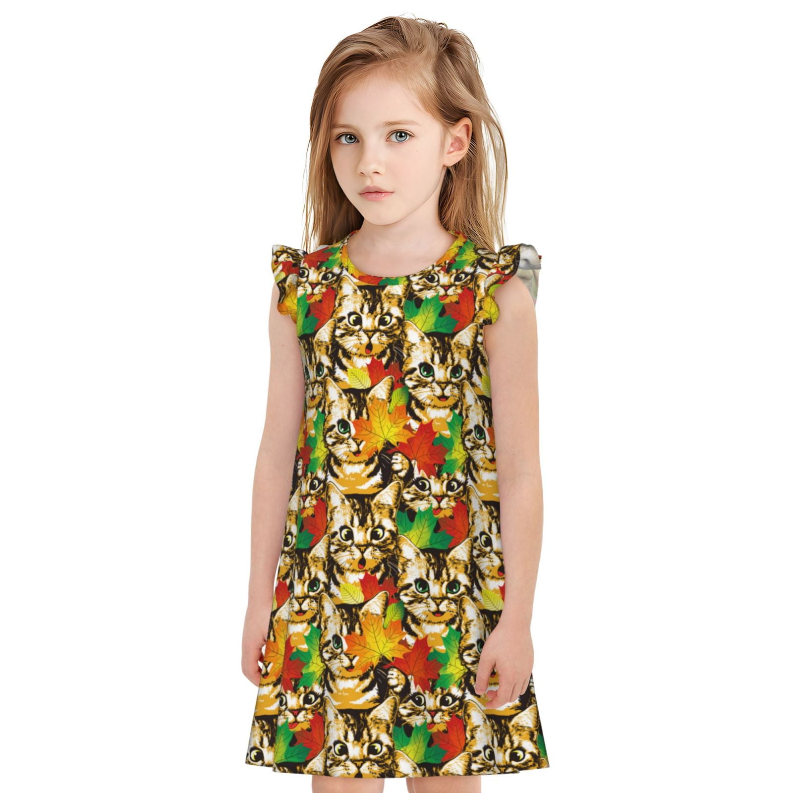 Qokaie Kittens With Maple Leaves Print Girls Nightgowns, Nightgown Princess Pajama Dresses for ...