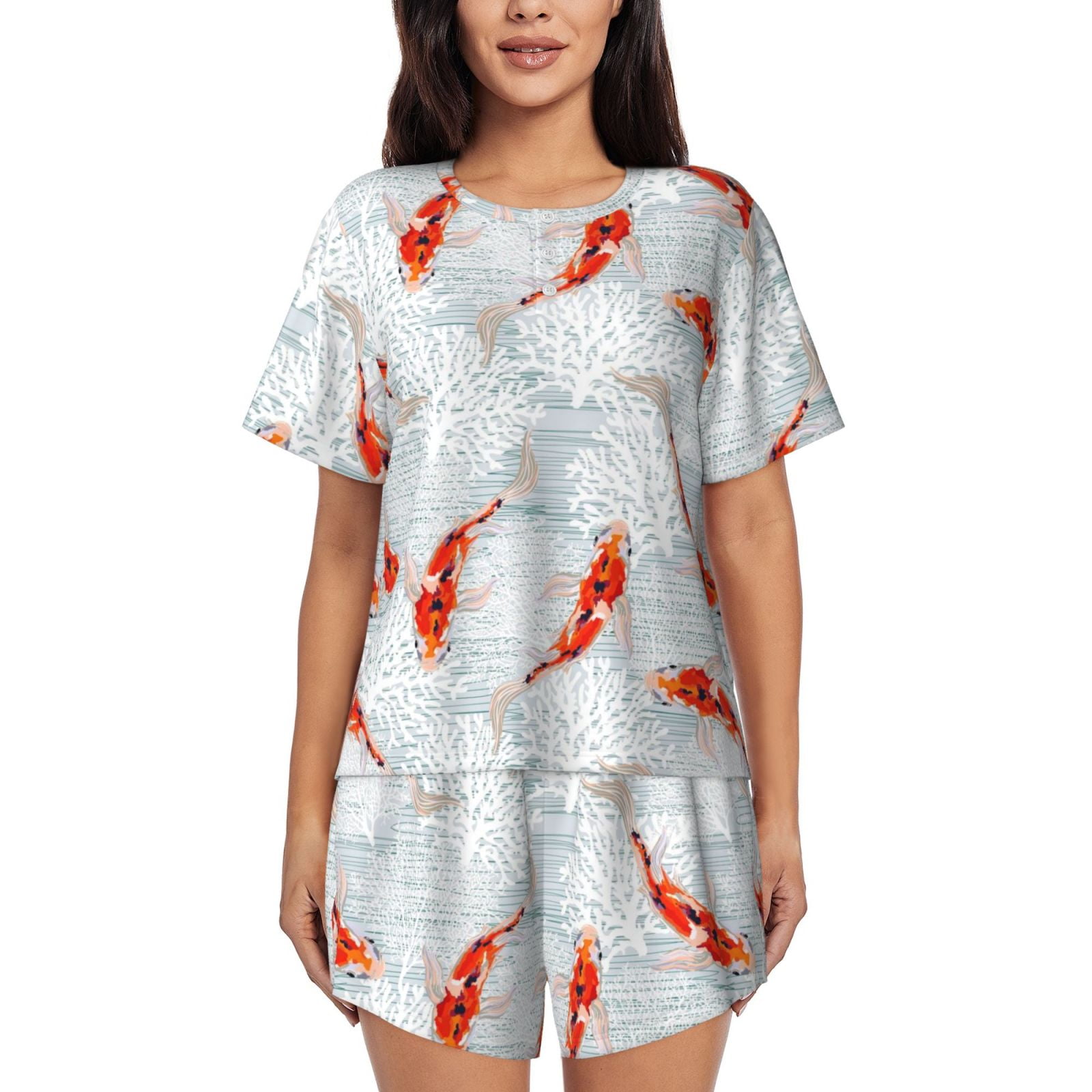 Qokaie Koi Fish Corals,Spring Summer Pattern Pajamas Sets for Women ...
