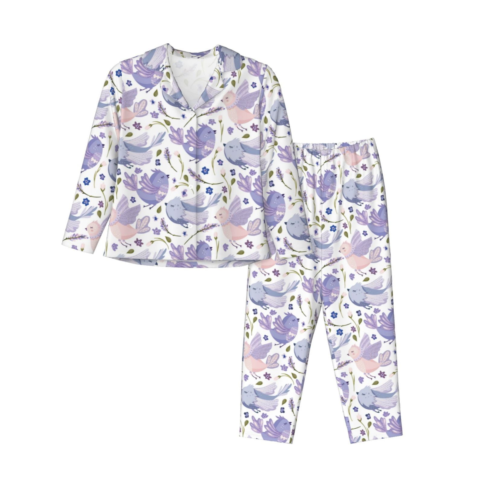 Qokaie Lavender Flowers Print Womens Pajama Set, 2 Piece Soft Long ...