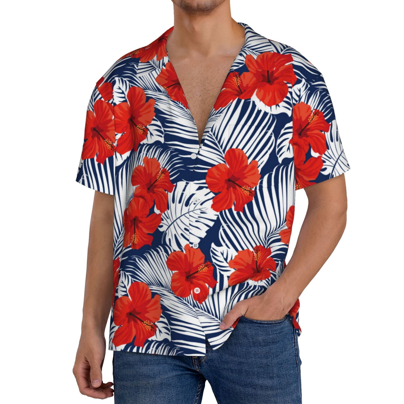 Qokaie Leaves And Flowers Print Mens Casual Wrinkle Free Shirts Short ...