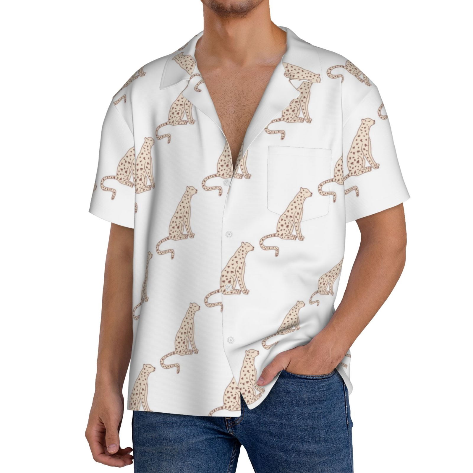 Qokaie Leopard Print Print Mens Casual Wrinkle Free Shirts Short Sleeve ...