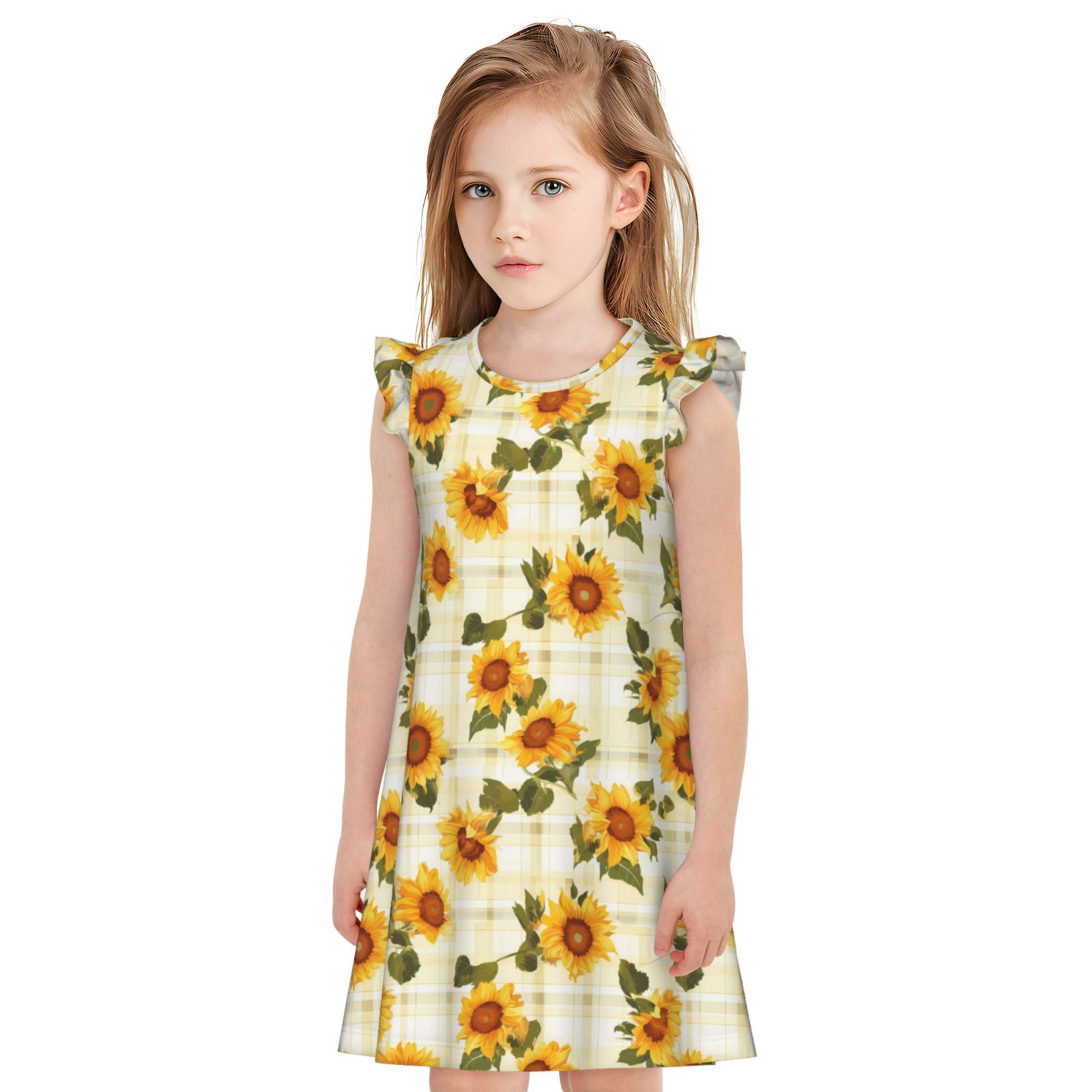 Qokaie Light Green Plaid Sunflower Print Girls Nightgowns, Nightgown ...