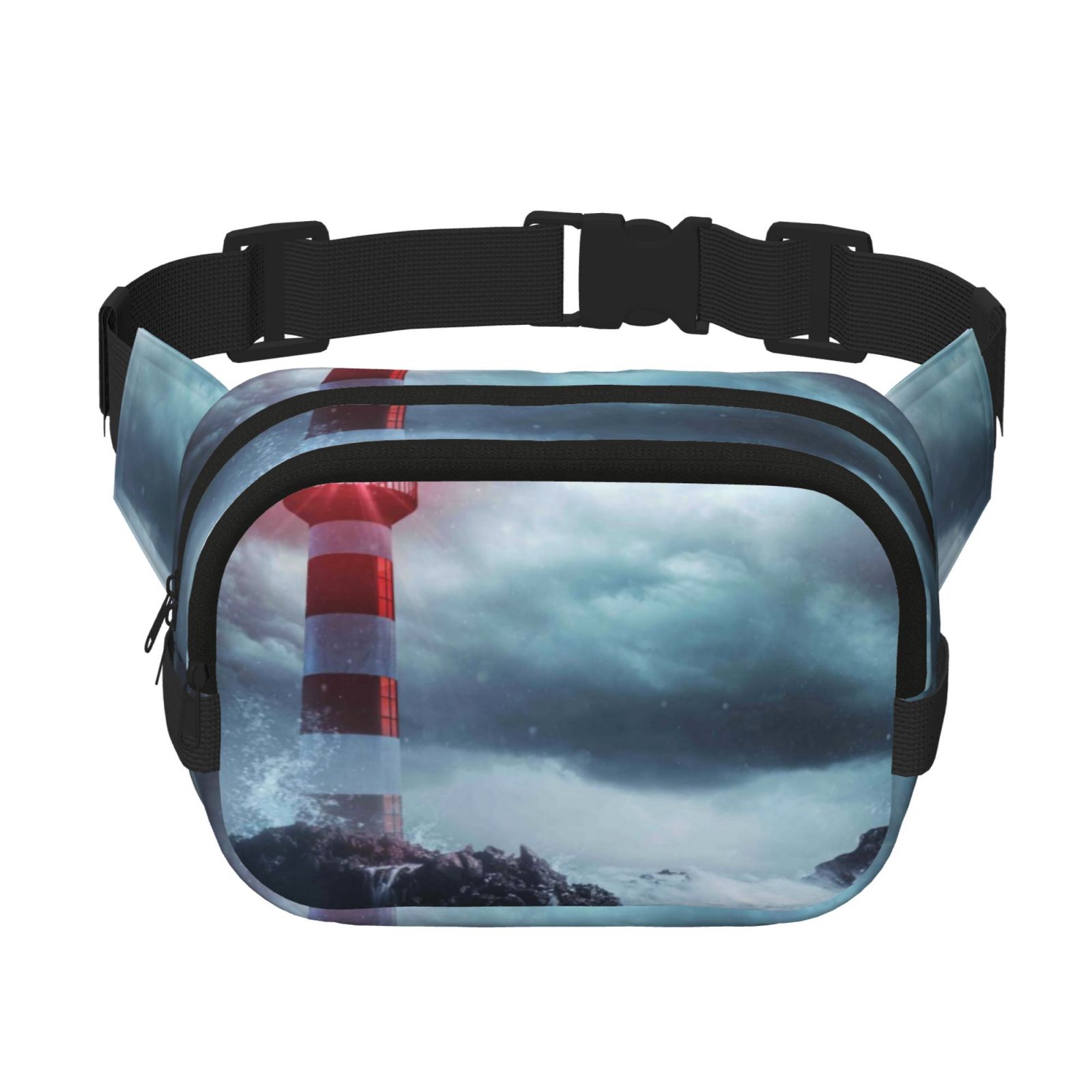 Qokaie Lighthouse in a Stormy Sea Pattern Waist Bag, Double Layer Waist ...
