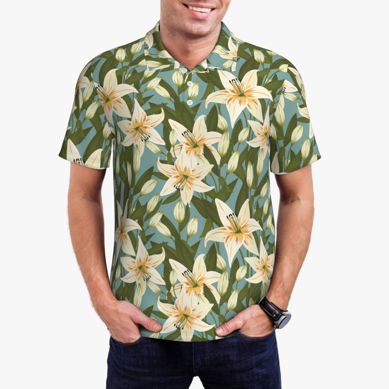 Qokaie Lilies Flowers Drawing Men’s Polo Shirts – Premium Pique ...