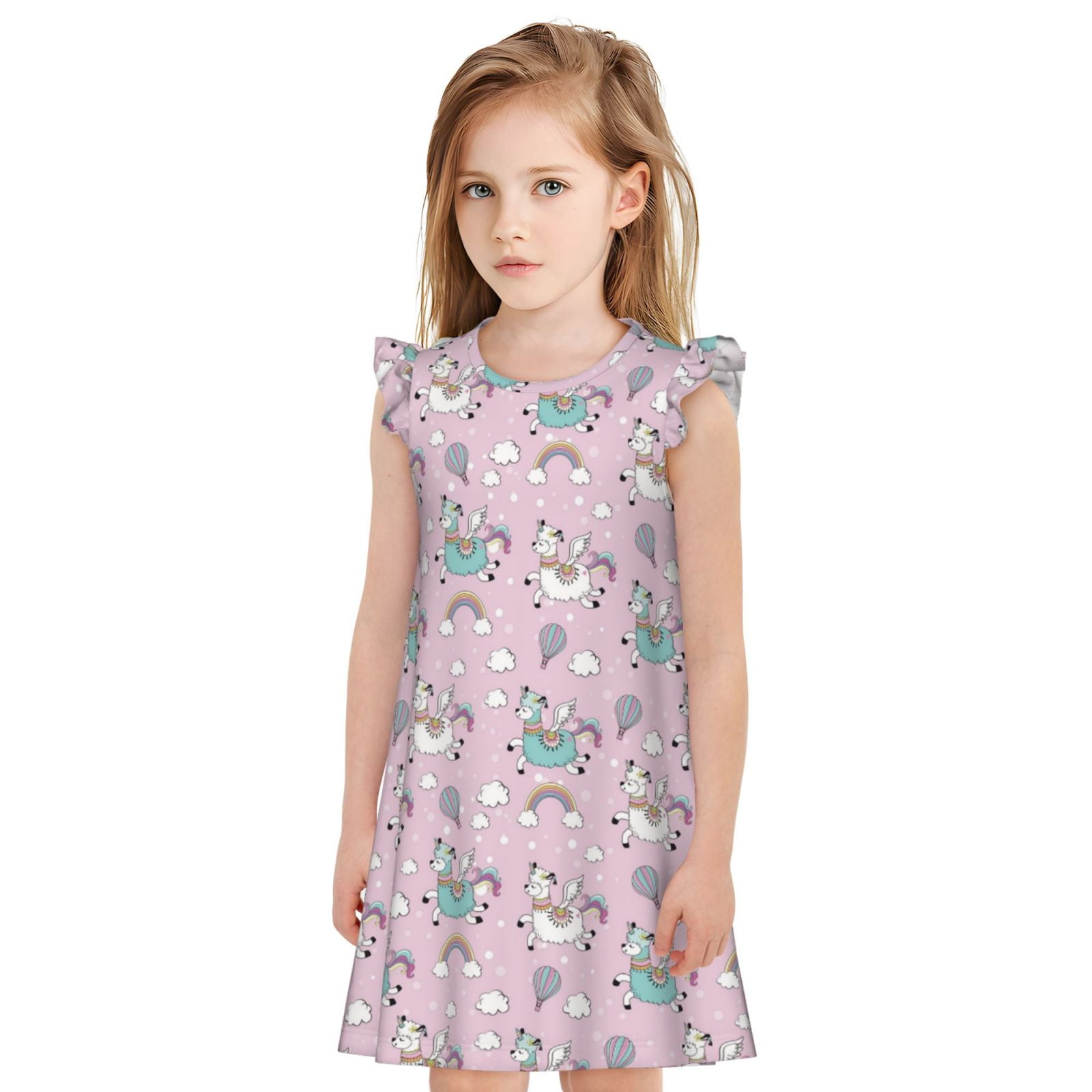 Qokaie Llama Unicorn and Rainbow Print Girls Nightgowns, Nightgown ...