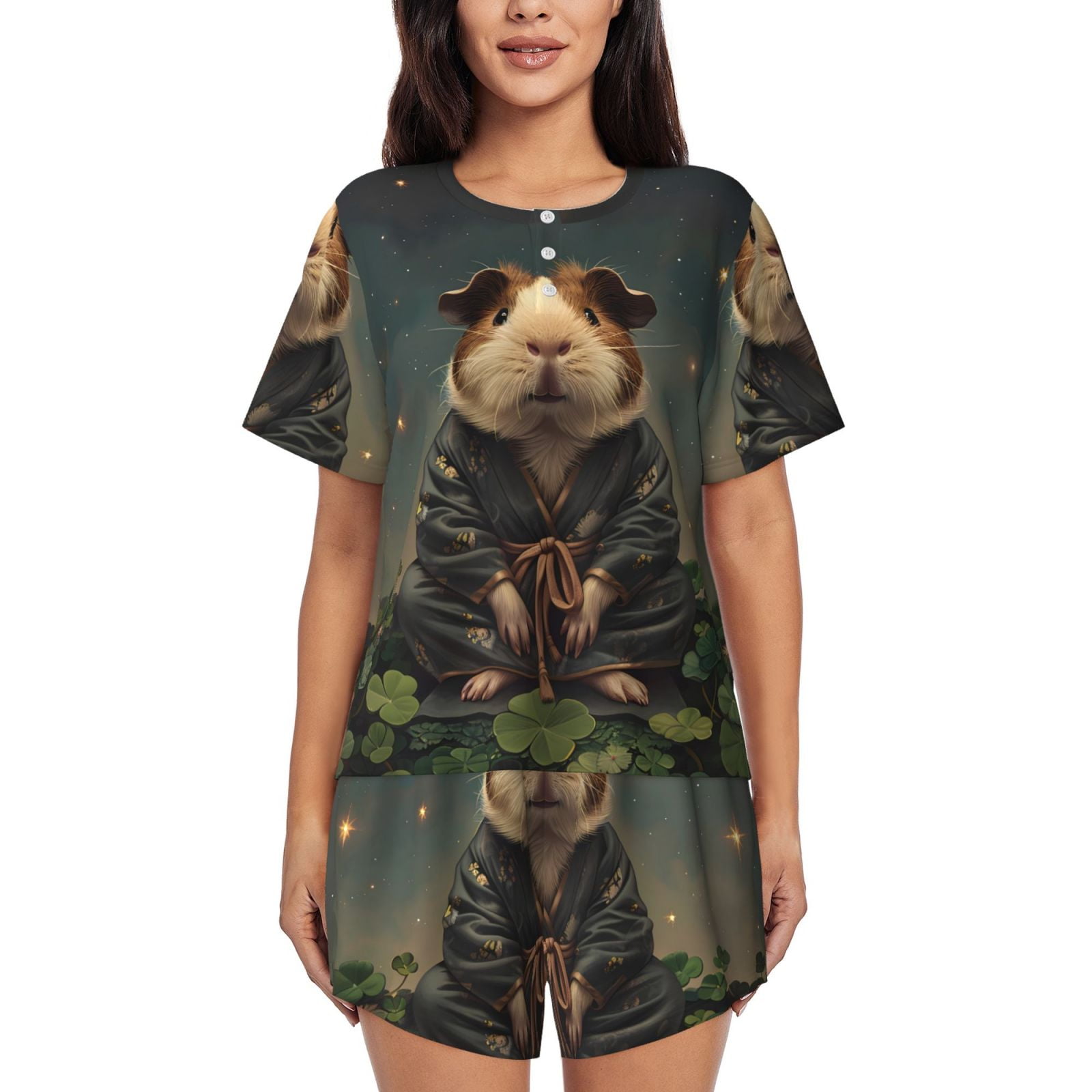 Qokaie Lotus Leaf Starry Sky Guinea Pig Pattern Pajamas Sets for Women ...