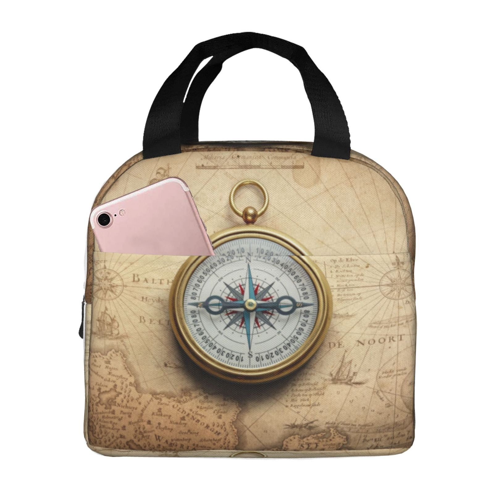 Qokaie Magnetic Old Compass On World Map Printed Large Insulated Lunch ...