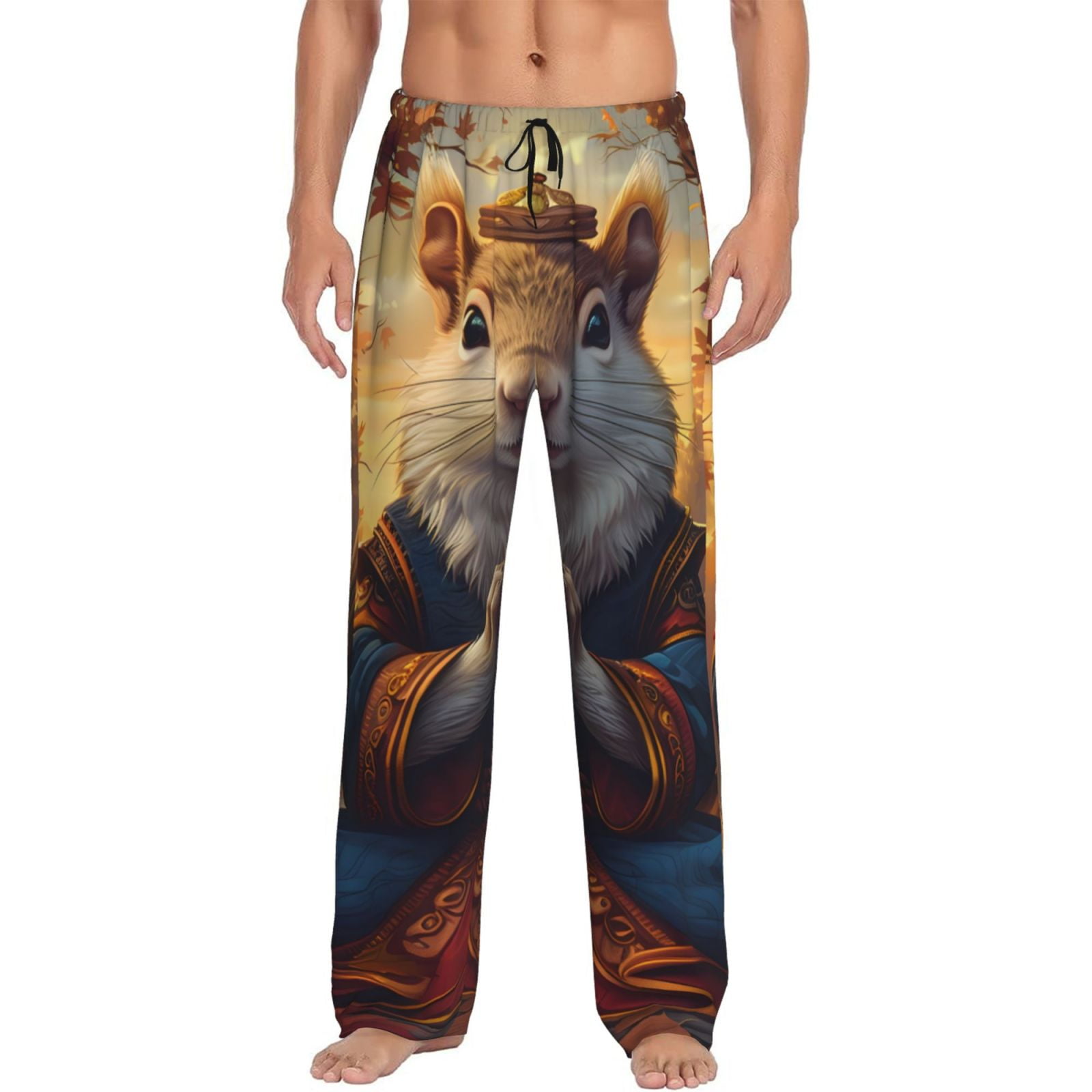 Qokaie Maple Leaf Meditating Squirrel Drawing Silky Soft Men Pajama ...