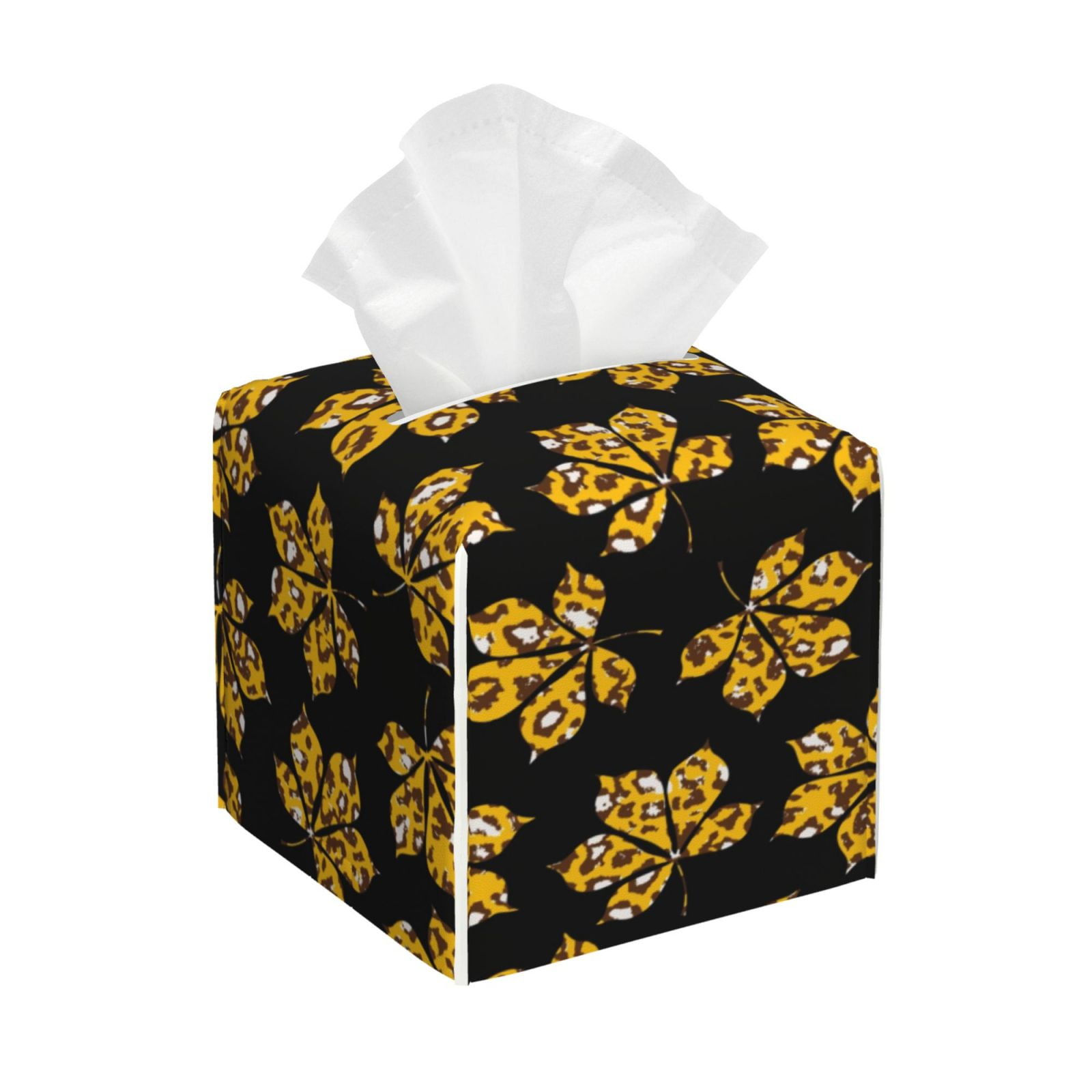 Qokaie Maple Leaves With Leopard Print Tissue Box Cover, Refined Modern Leather Square Holder ...