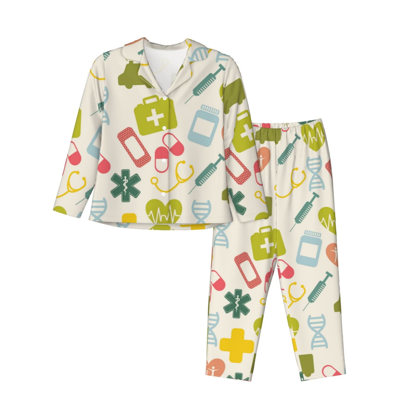 Qokaie Medical Icons Print Womens Pajama Set, 2 Piece Soft Long Sleeve ...