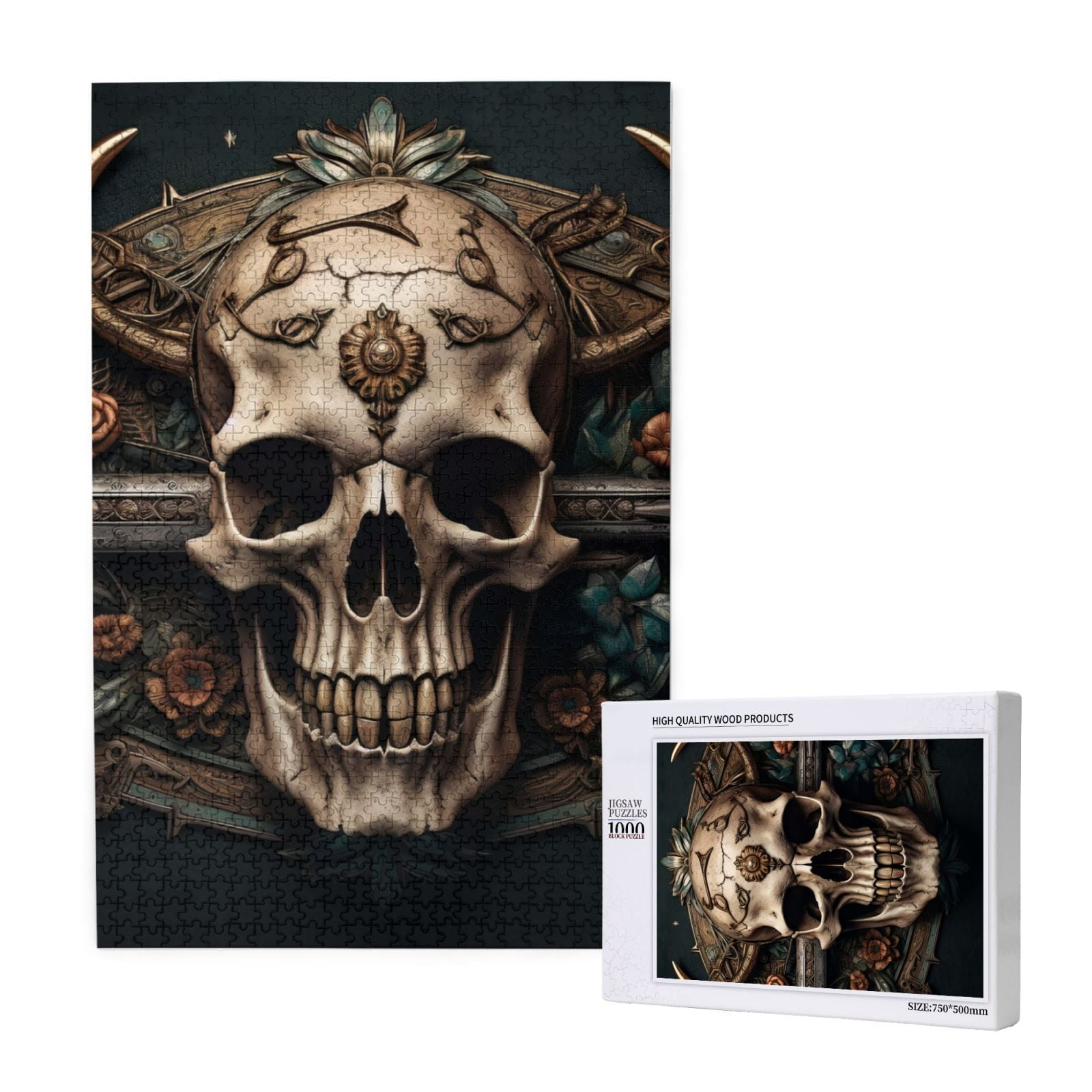 Qokaie Metal Style Horned Skull Pattern Picture Puzzle,Wooden 1000 ...