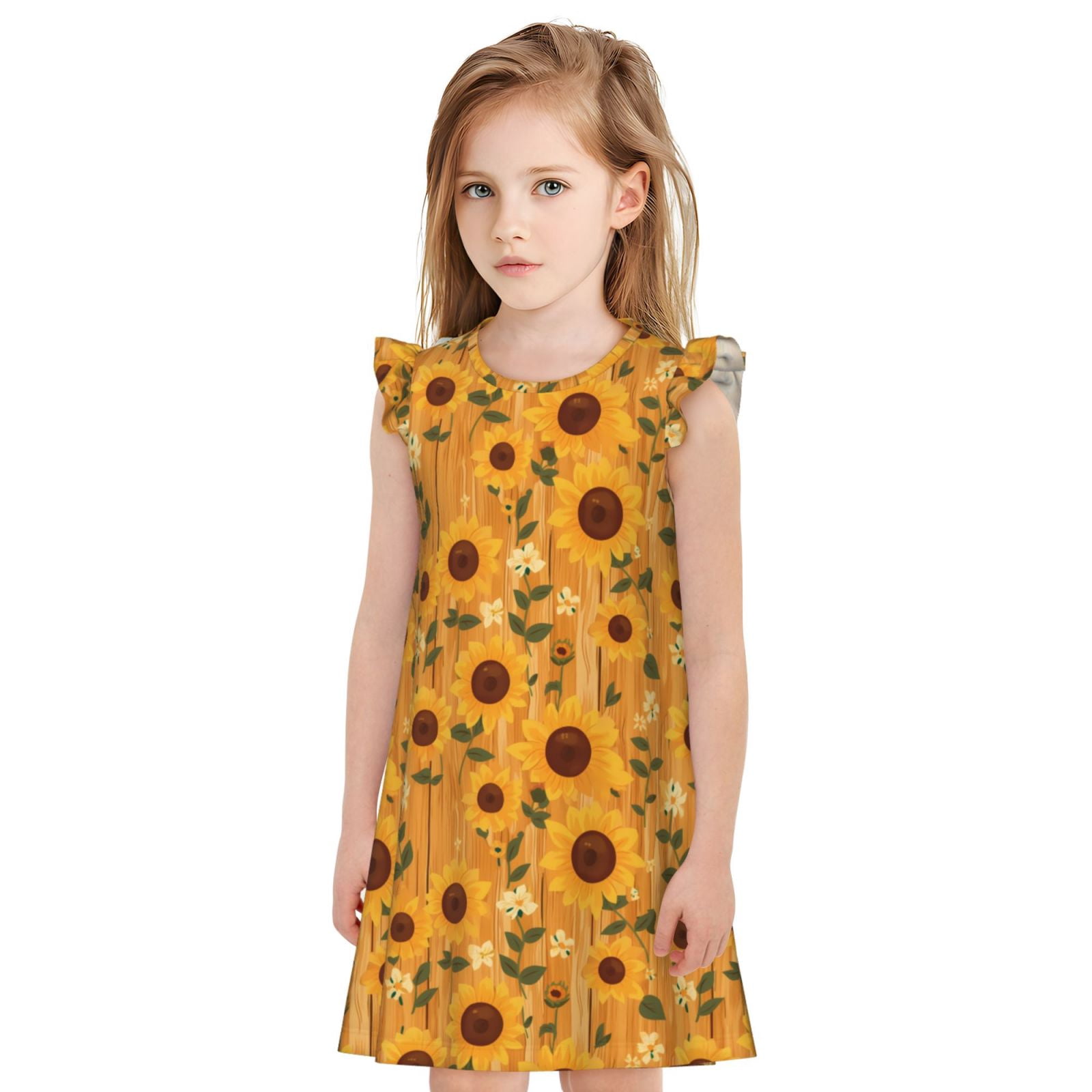 Qokaie Modern Wood Grain Sunflower Print Girls Nightgowns, Nightgown ...