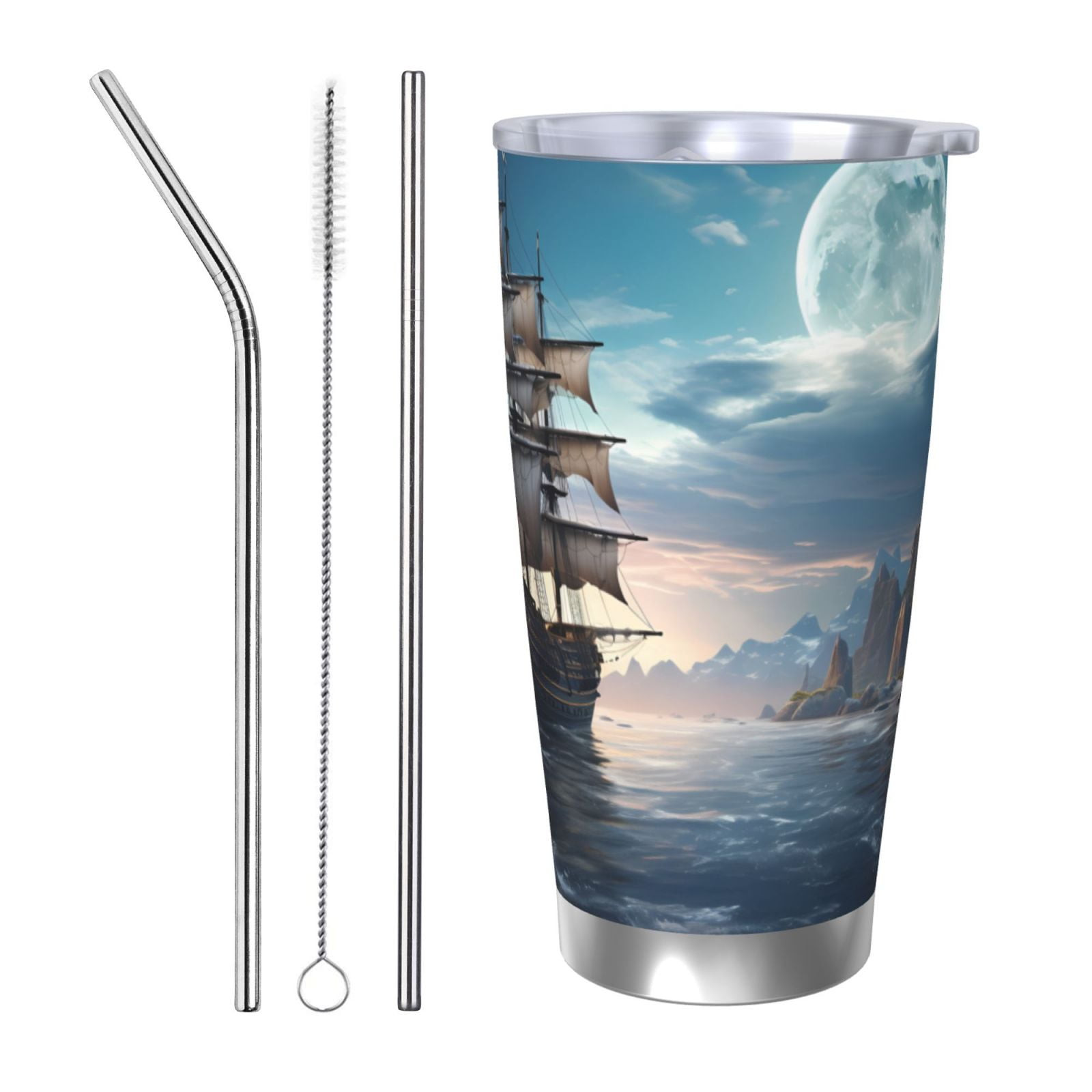Qokaie Moonlit Sea Sailboat Pattern 20 Oz Coffee Car Insulated Coffee ...