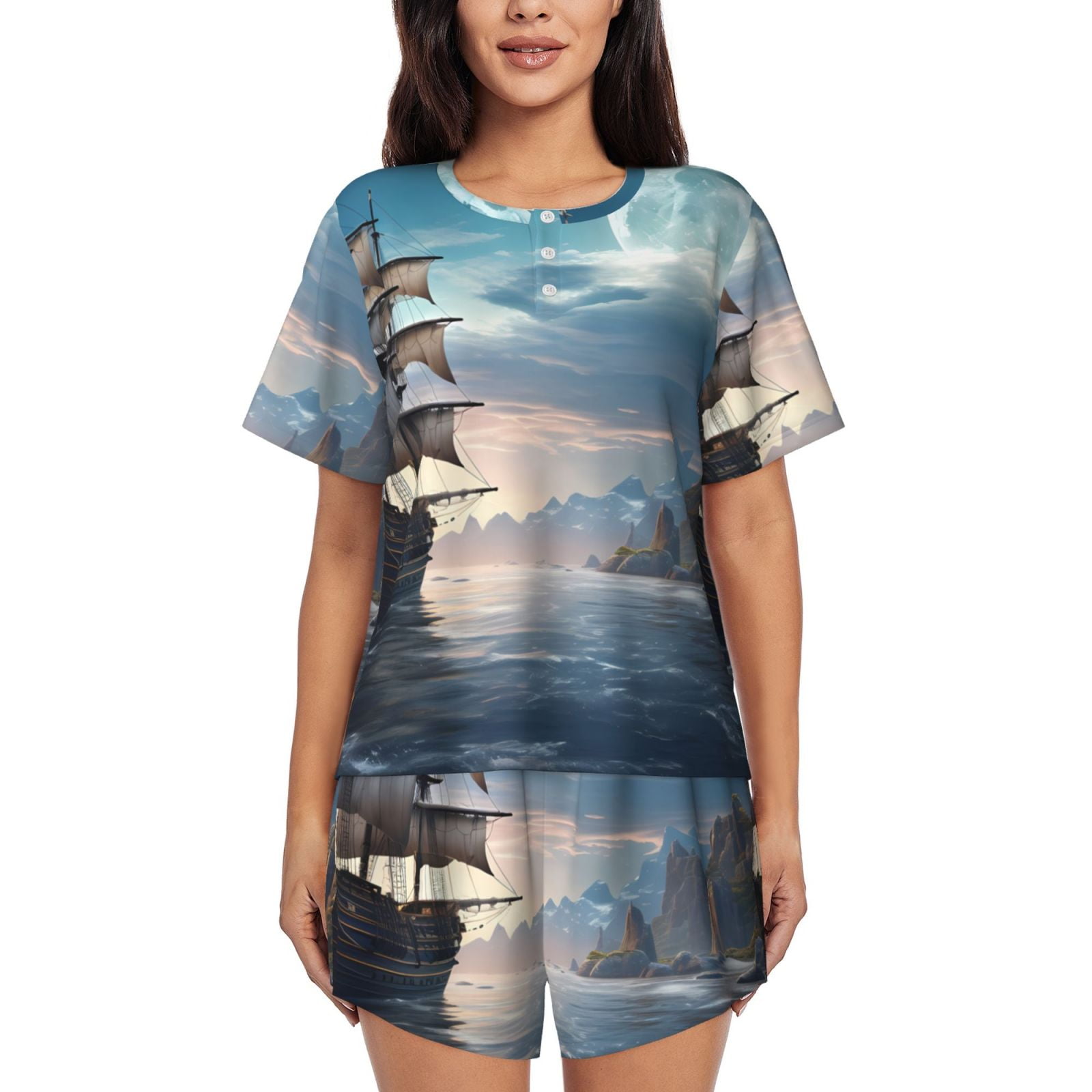 Qokaie Moonlit Sea Sailboat Pattern Pajamas Sets for Women Soft Short ...