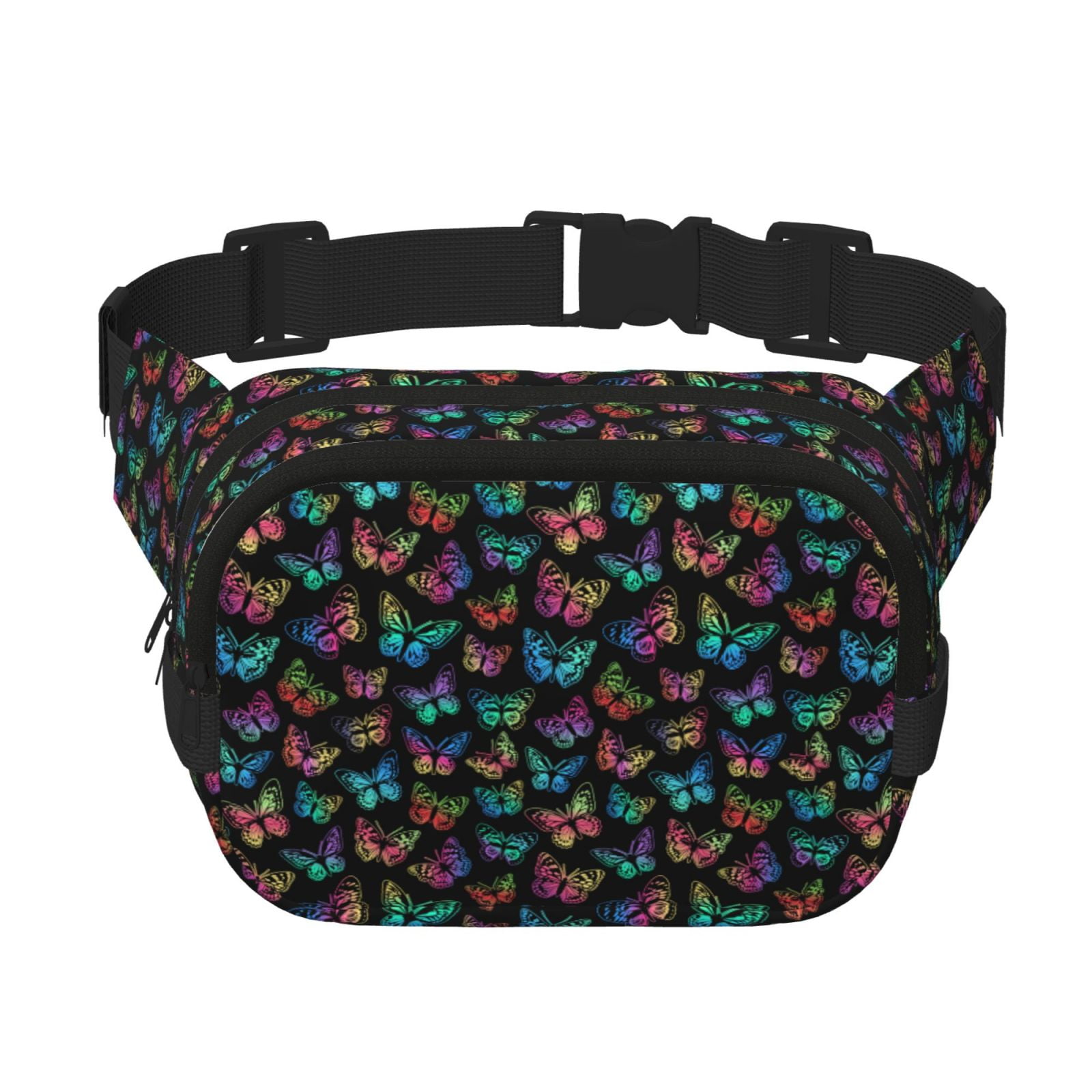 Qokaie Multicolored Butterflies Pattern Waist Bag, Double Layer Waist ...