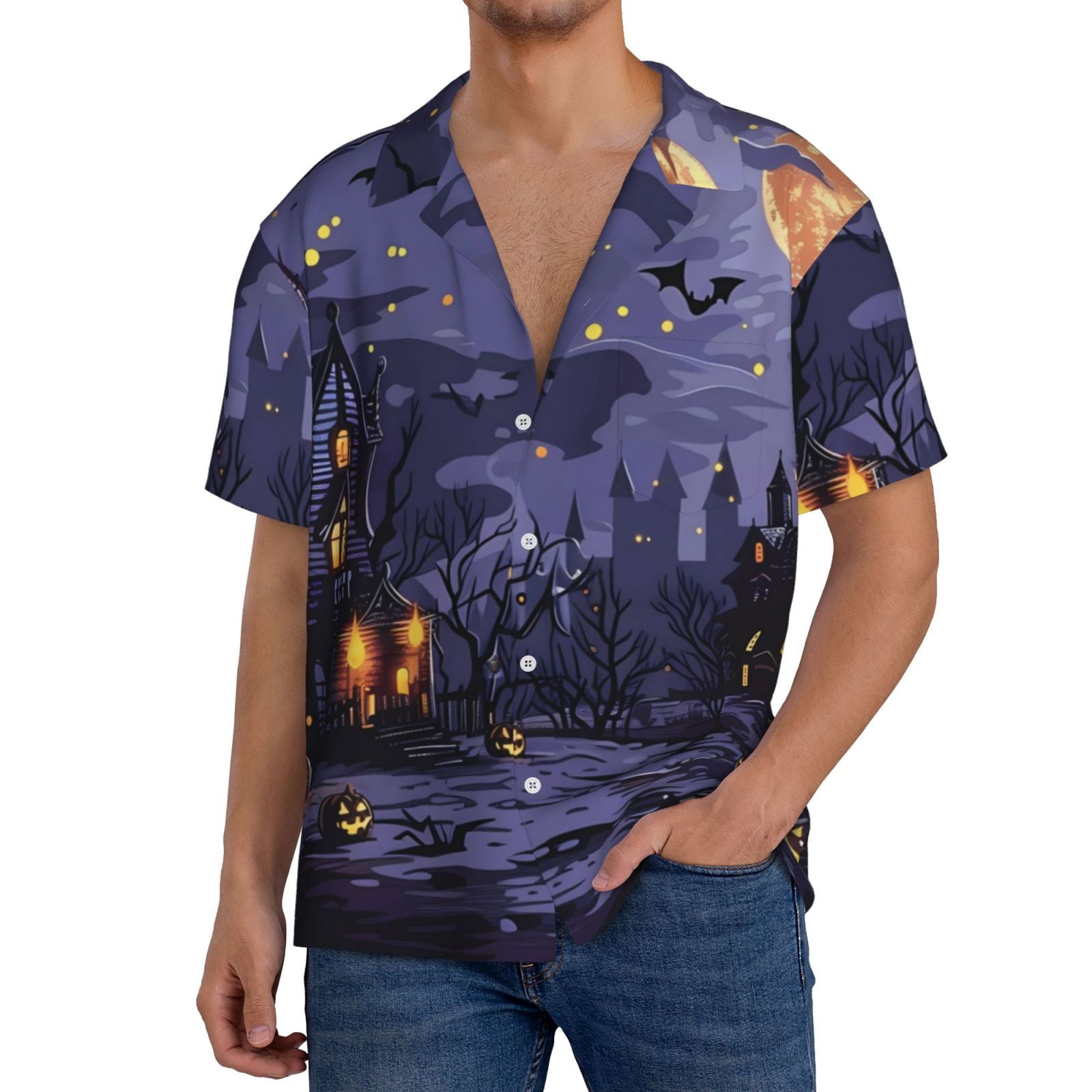 Qokaie Mystery House Halloween Night Print Mens Casual Wrinkle Free ...