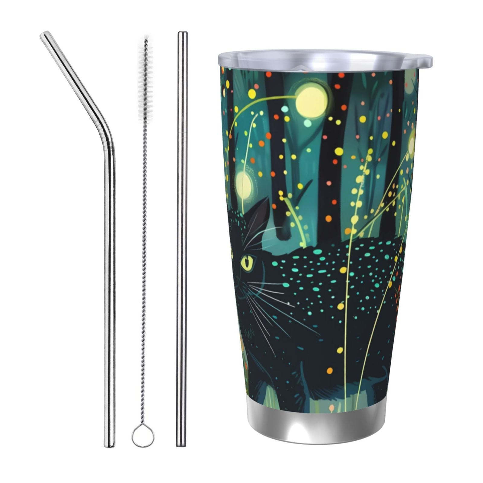 Qokaie Mystical Black Cat Fireflies Pattern 20 Oz Coffee Car Insulated ...