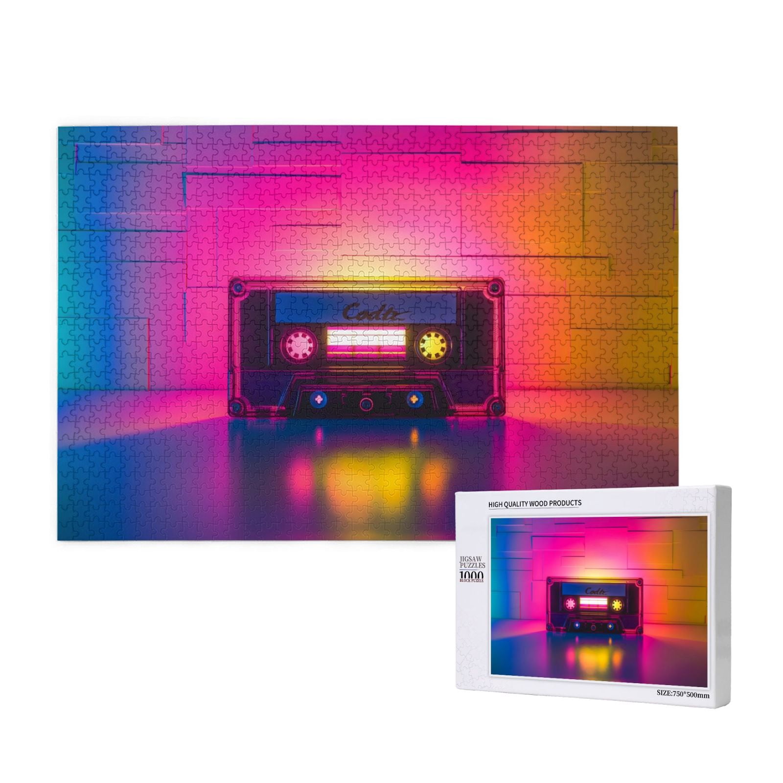 Qokaie Neon Cassette Tape Pattern Picture Puzzle,Wooden 1000 Piece ...