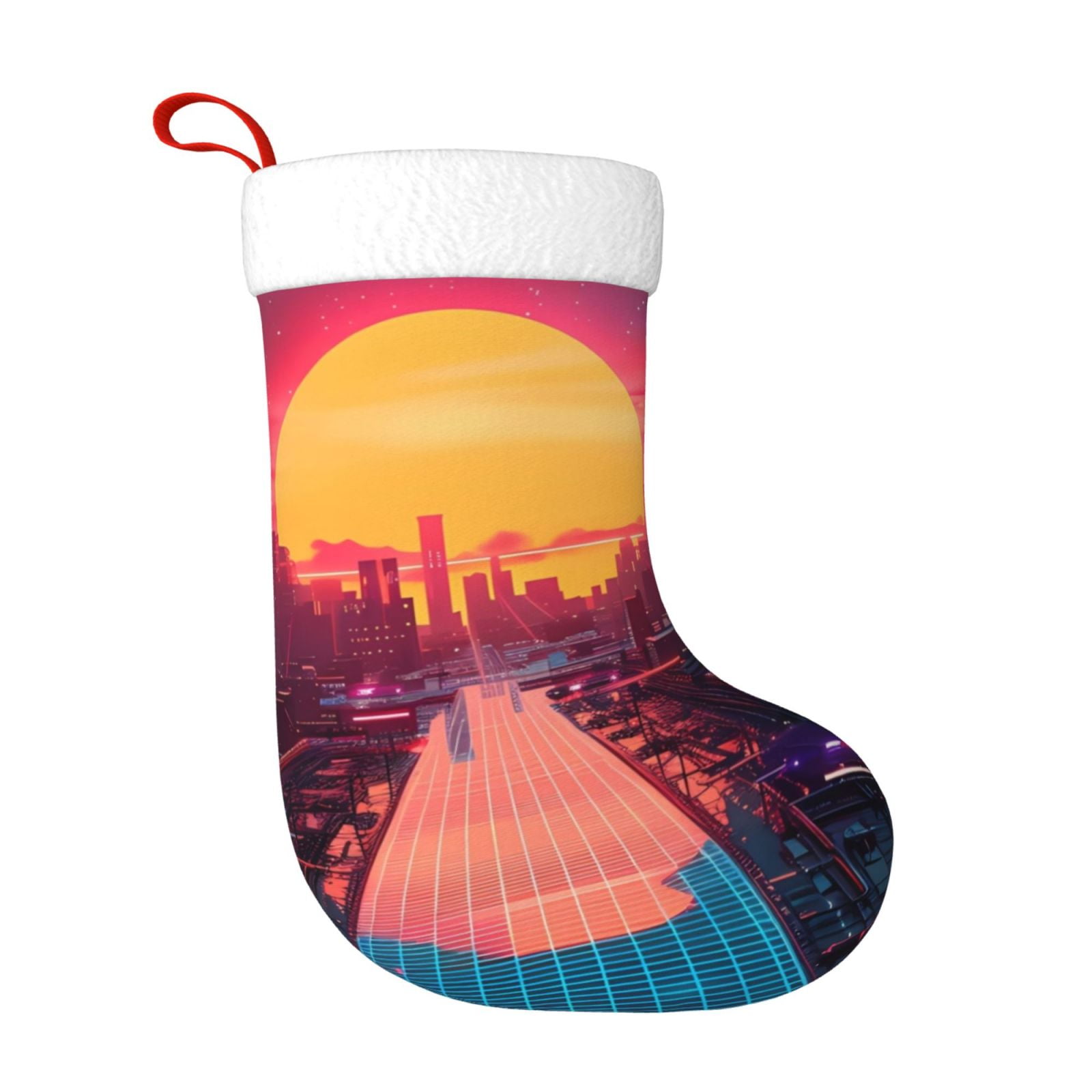Qokaie Neon Sunset Cyberpunk Cityscape Christmas Stockings 18 Inch ...