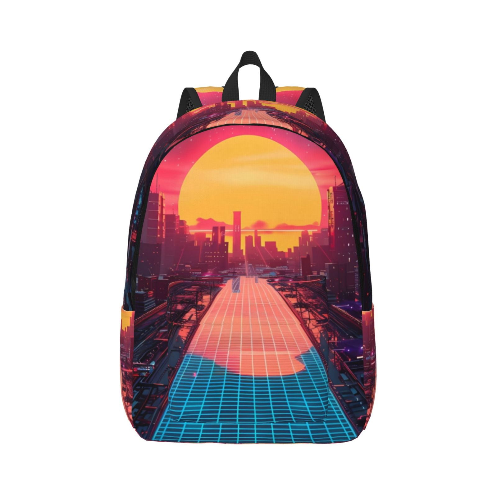 Qokaie Neon Sunset Cyberpunk Cityscape Pattern Canvas Backpack Travel ...