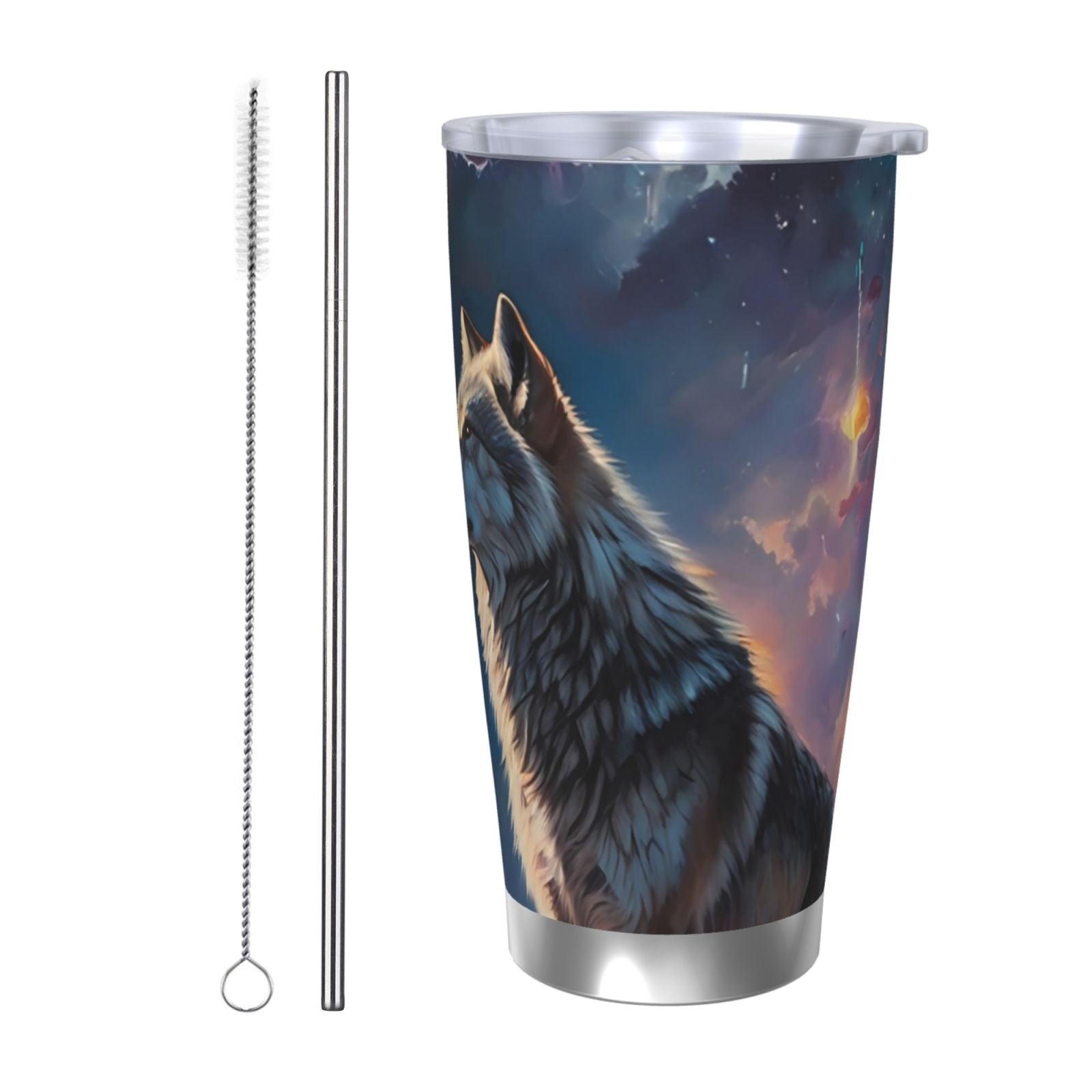 Qokaie Night Sky Wolf Pattern 20 Oz Coffee Car Insulated Coffee Cup ...