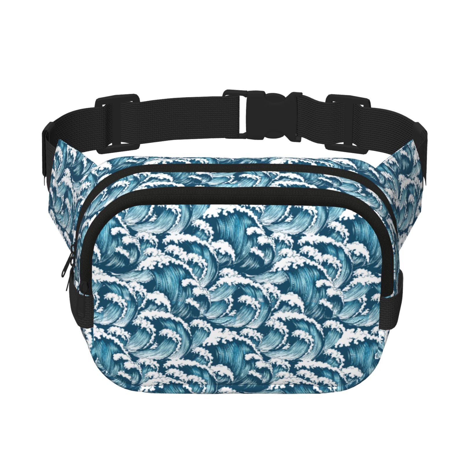 Qokaie Ocean Waves Pattern Waist Bag, Double Layer Waist Pack, Multi ...