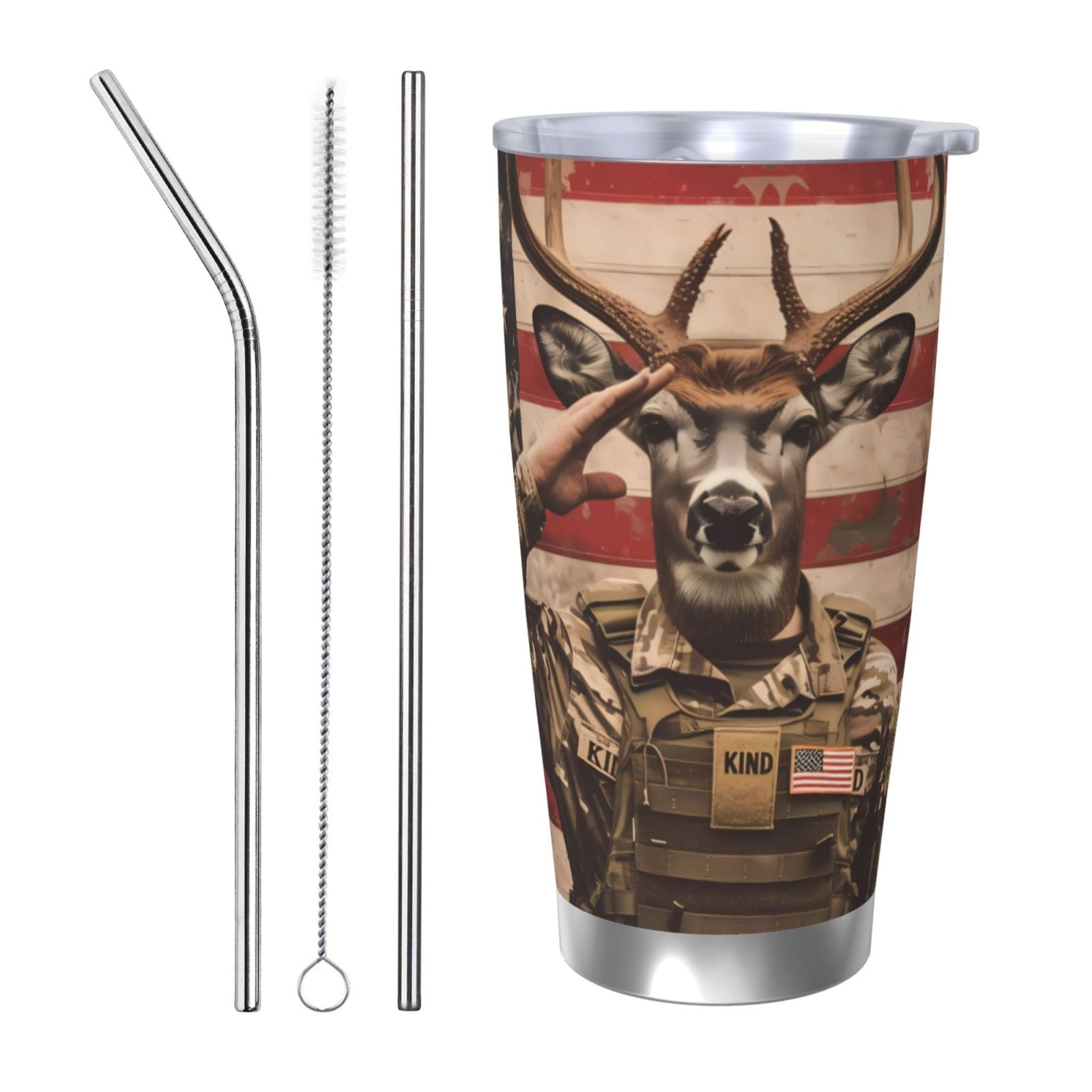 Qokaie Patriotic Deer Soldier Salute Pattern 20 Oz Coffee Car Insulated ...