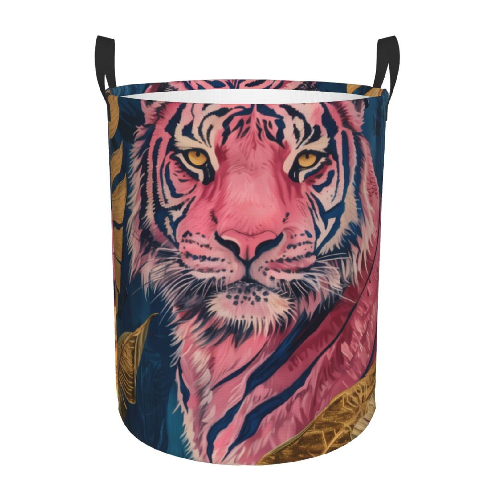 Qokaie Pink Tiger Gold Leaves Print Round Large Laundry Hamper, Tall ...