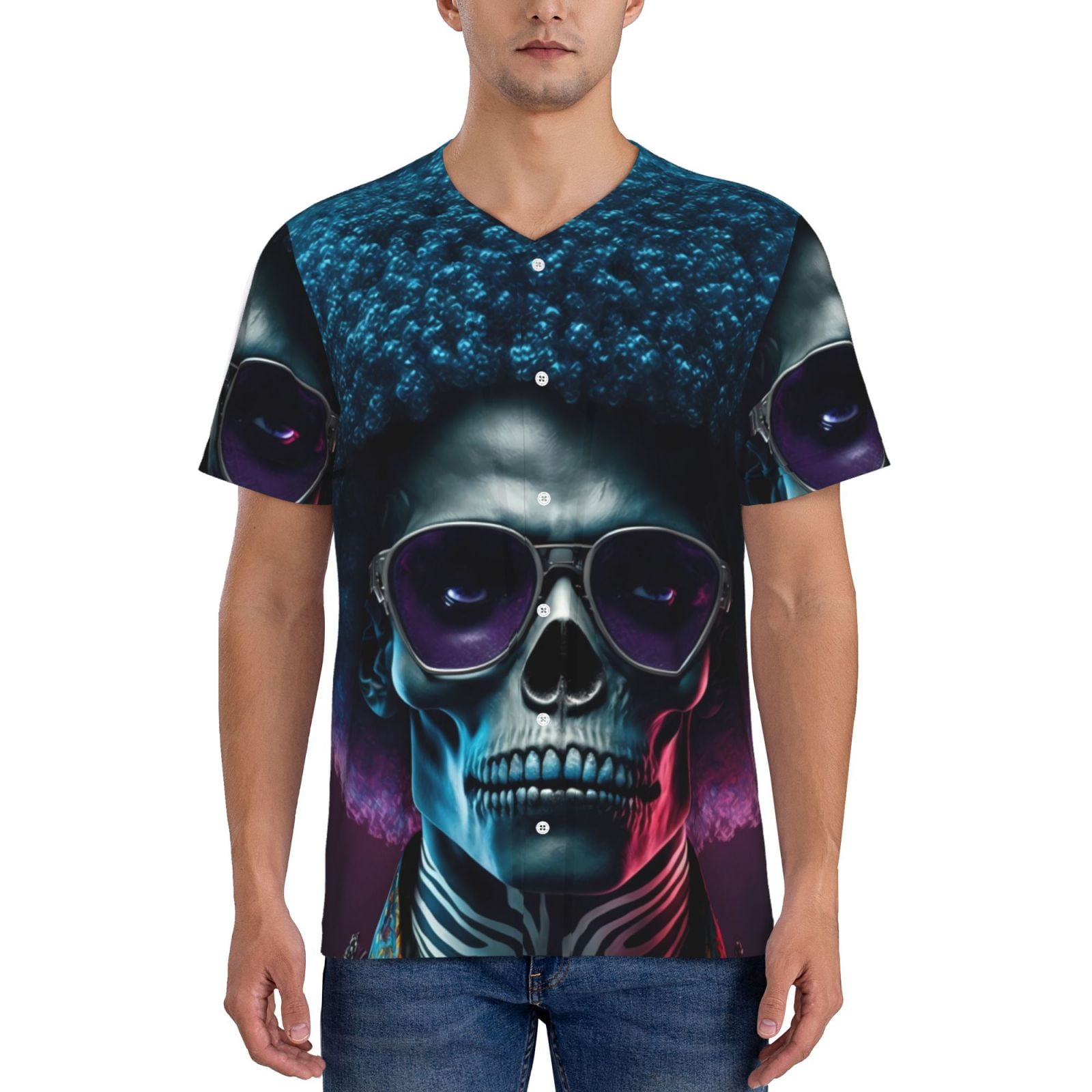 Qokaie Punk Style Blue Haired Skull Pattern Mens Polo Shirts Quick Dry ...