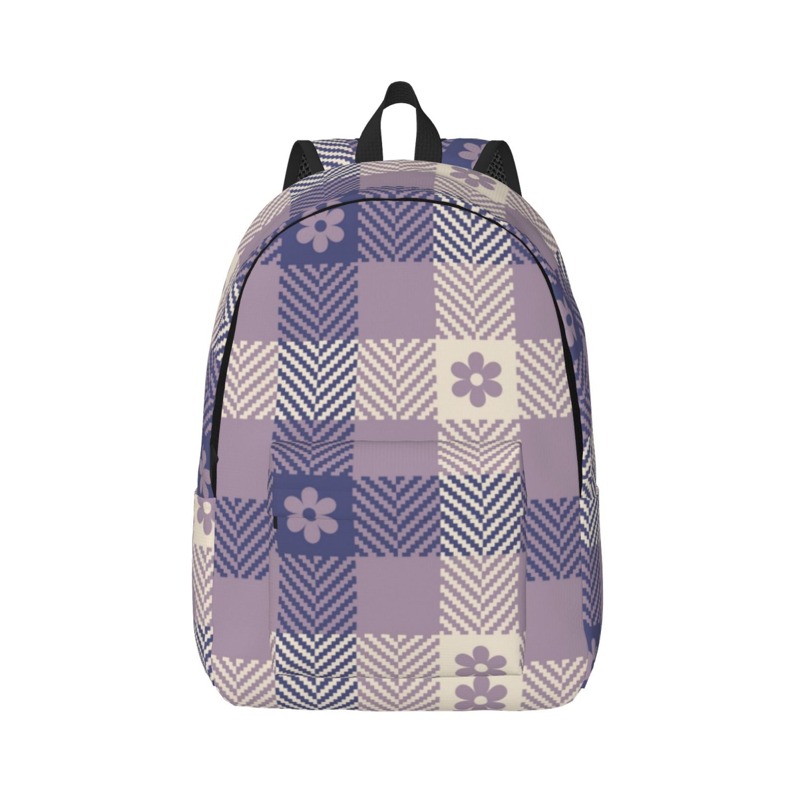 Qokaie Purple Floral Gingham Check Plaid Pattern Canvas Backpack Travel ...