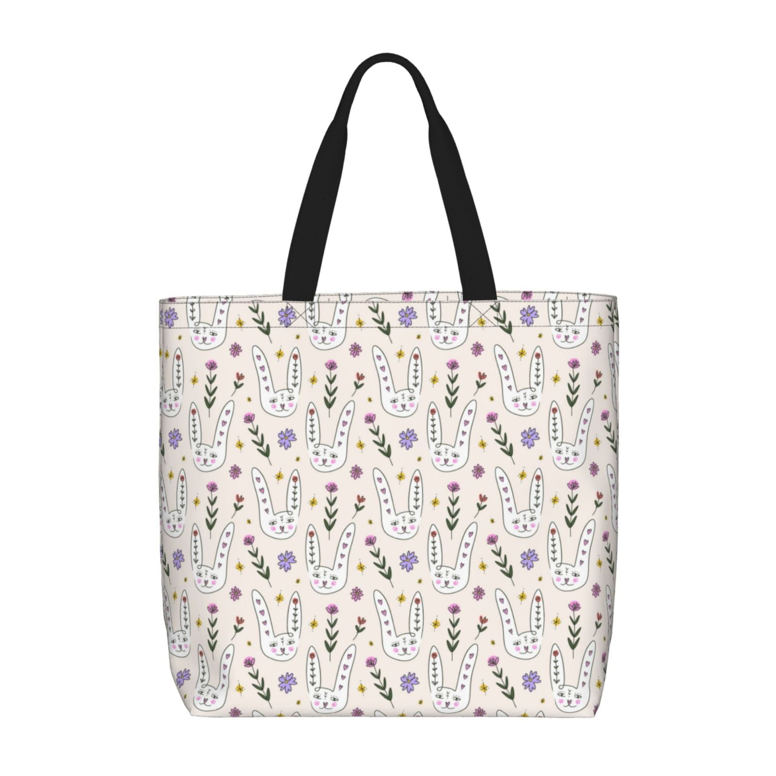 Qokaie Purple Flower Rabbit Print Women’s Casual Handbag,Tote Bag ...