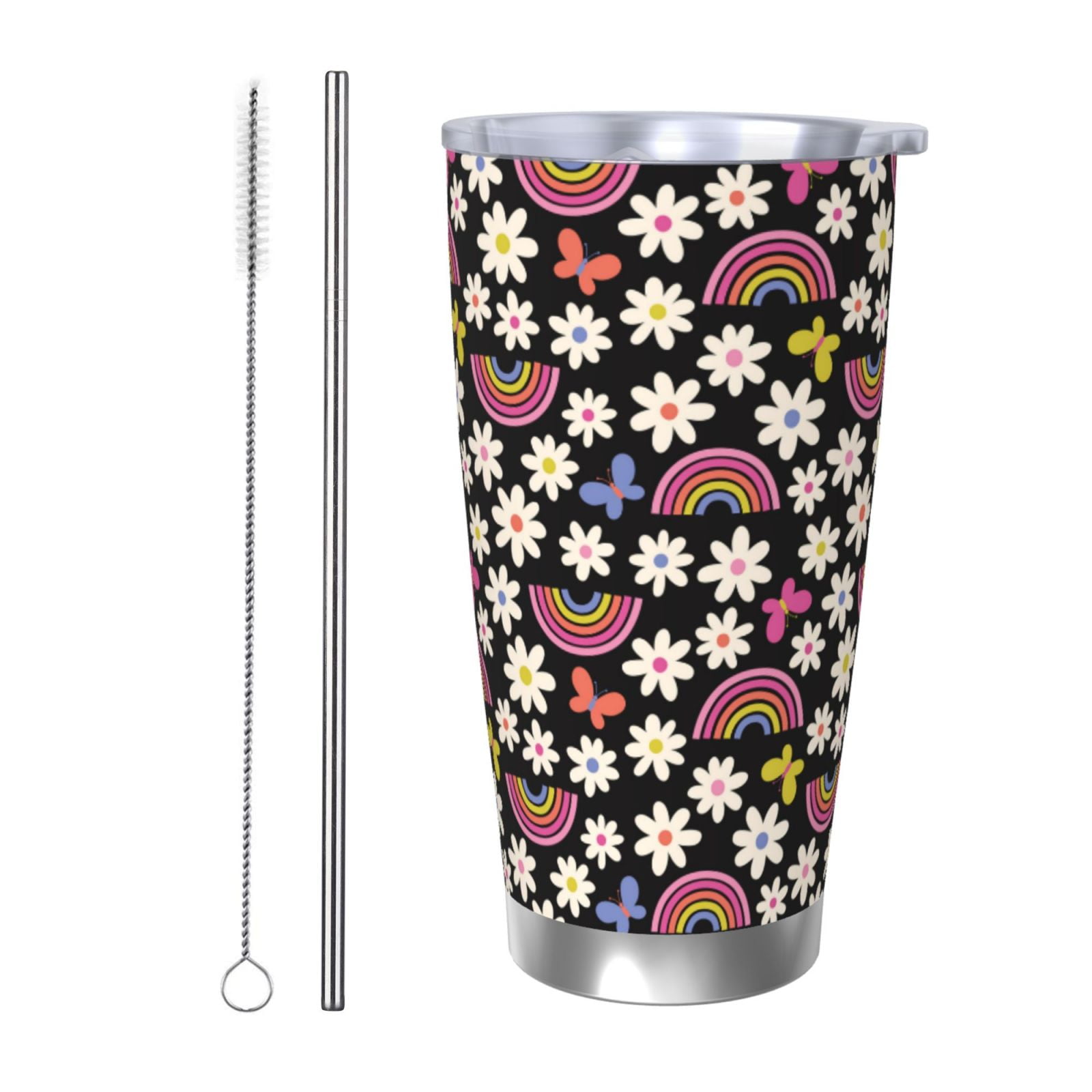 Qokaie Rainbow Flowers Pattern 20 Oz Coffee Car Insulated Coffee Cup ...