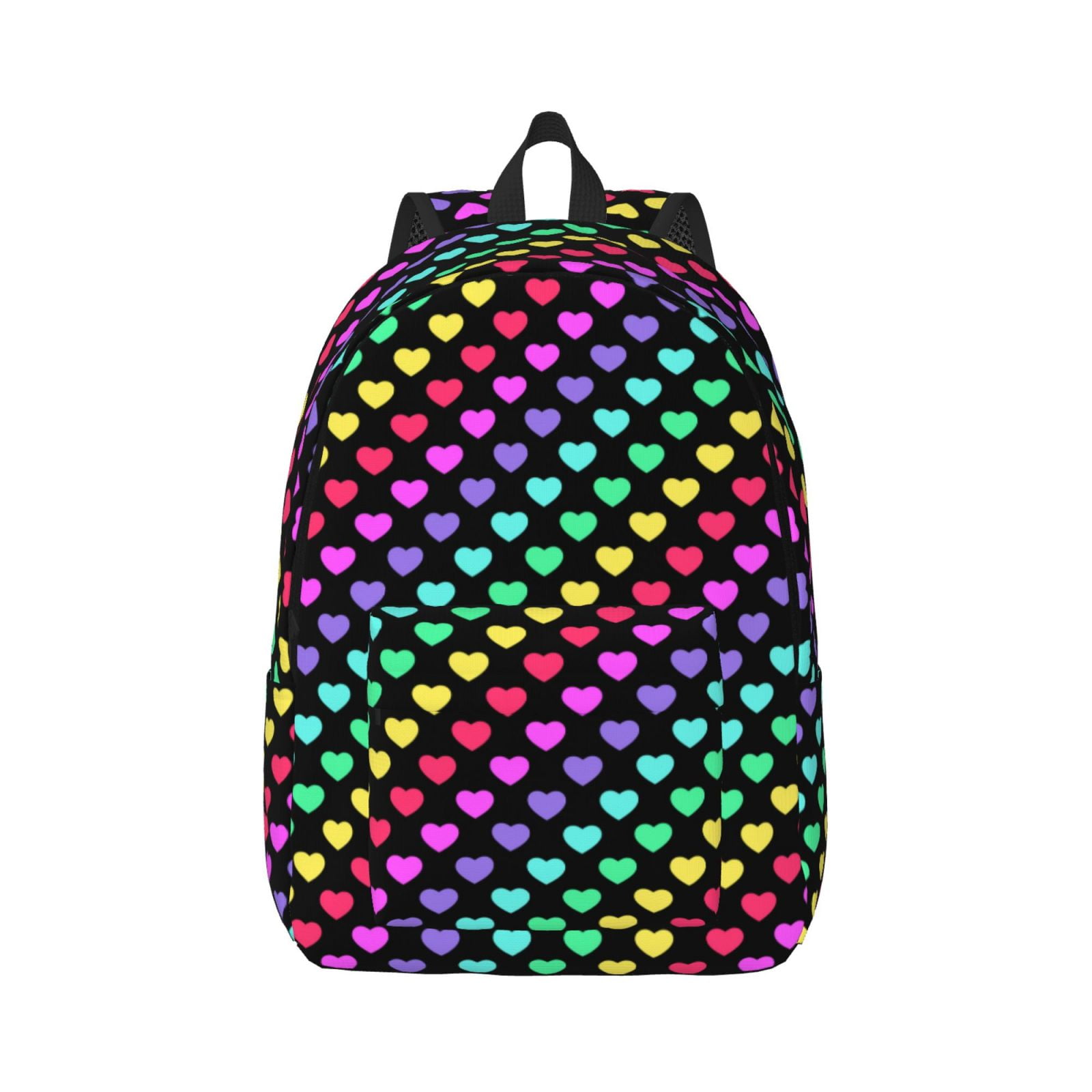 Qokaie Rainbow Hearts Pattern Canvas Backpack Travel Daypack Student ...