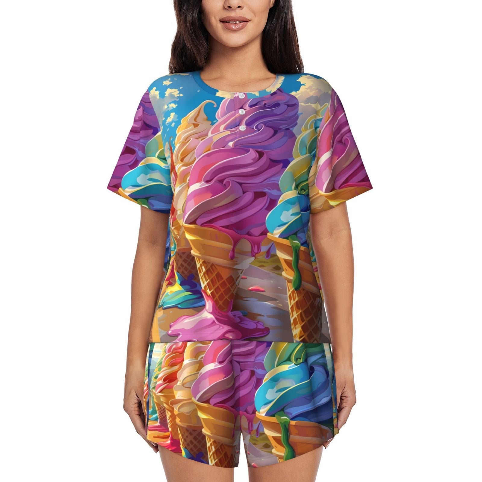 Qokaie Rainbow Melting Ice Cream Pattern Pajamas Sets for Women Soft ...