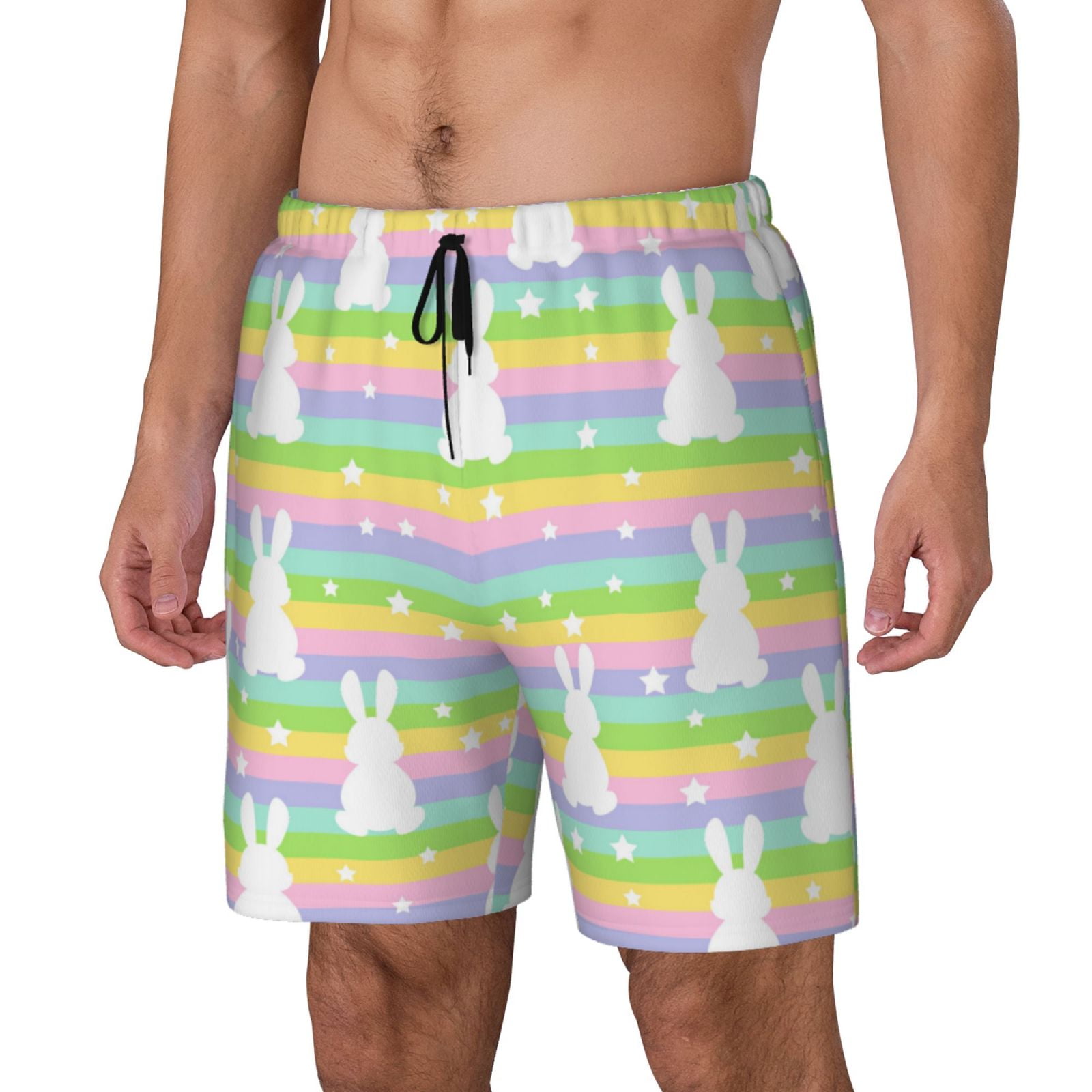 Qokaie Rainbow Rabbit Print Mens Swim Trunks with Compression Liner ...