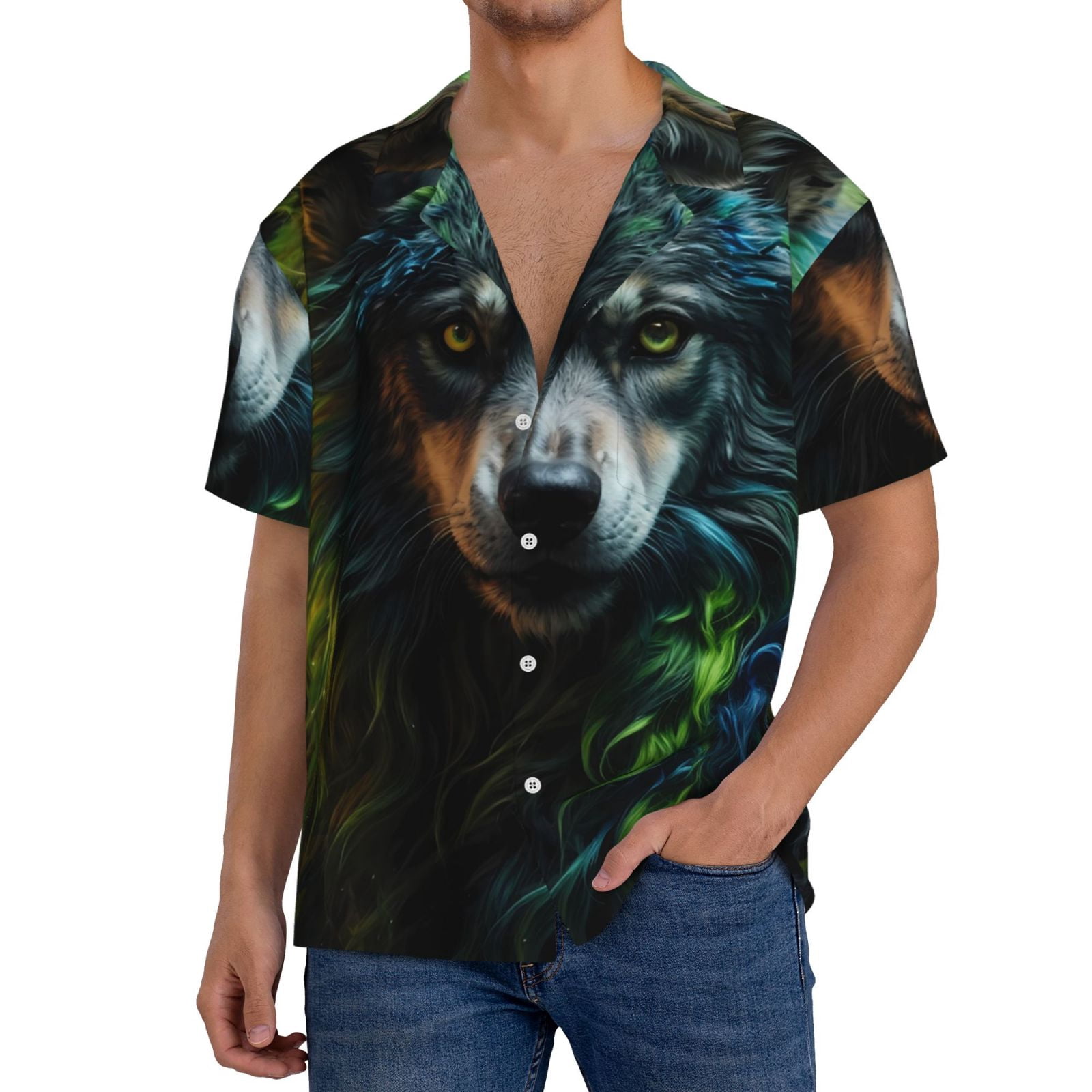 Qokaie Realistic Style Colorful Wolf A Print Mens Casual Wrinkle Free ...