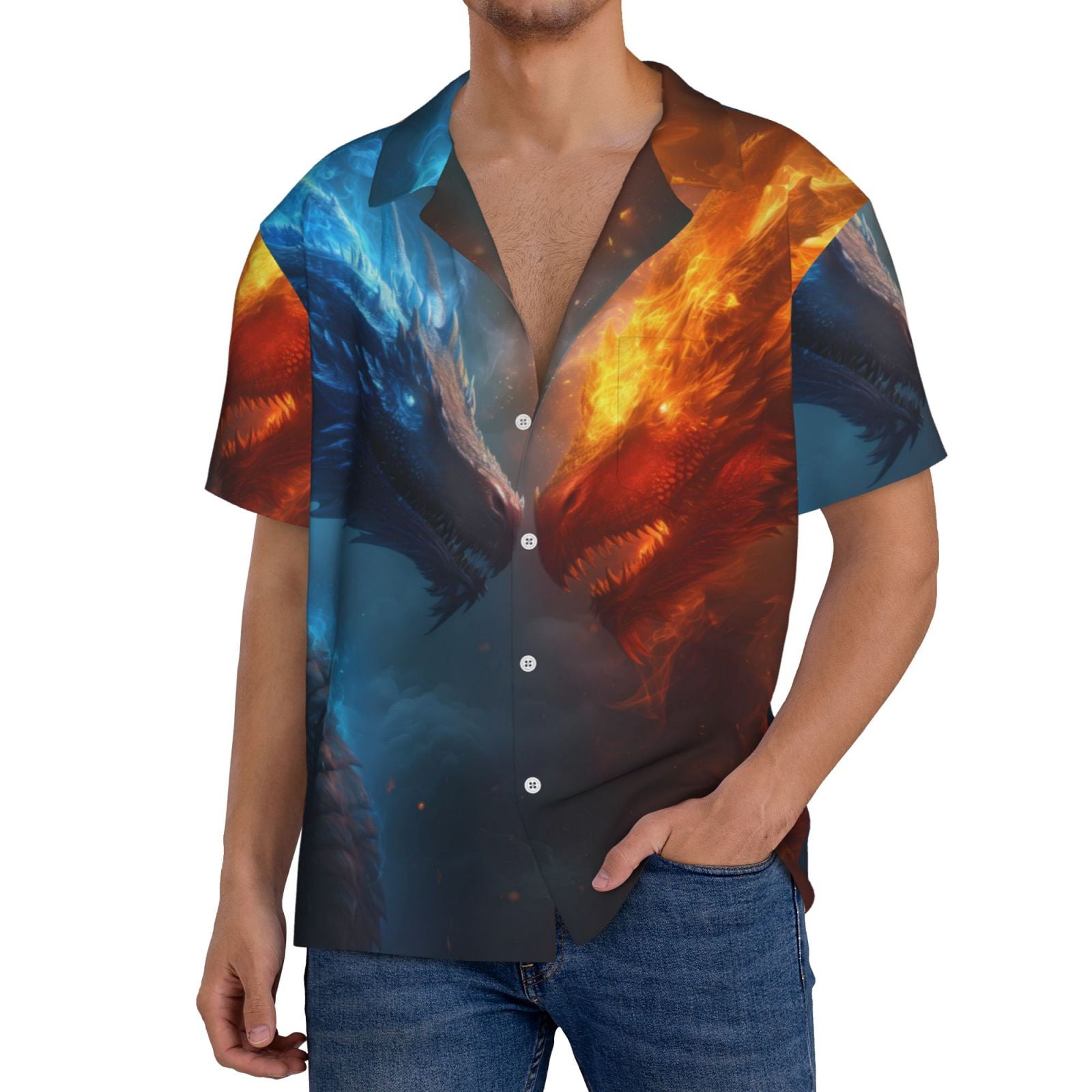 Qokaie Red And Blue Fire Dragon E Print Mens Casual Wrinkle Free Shirts ...