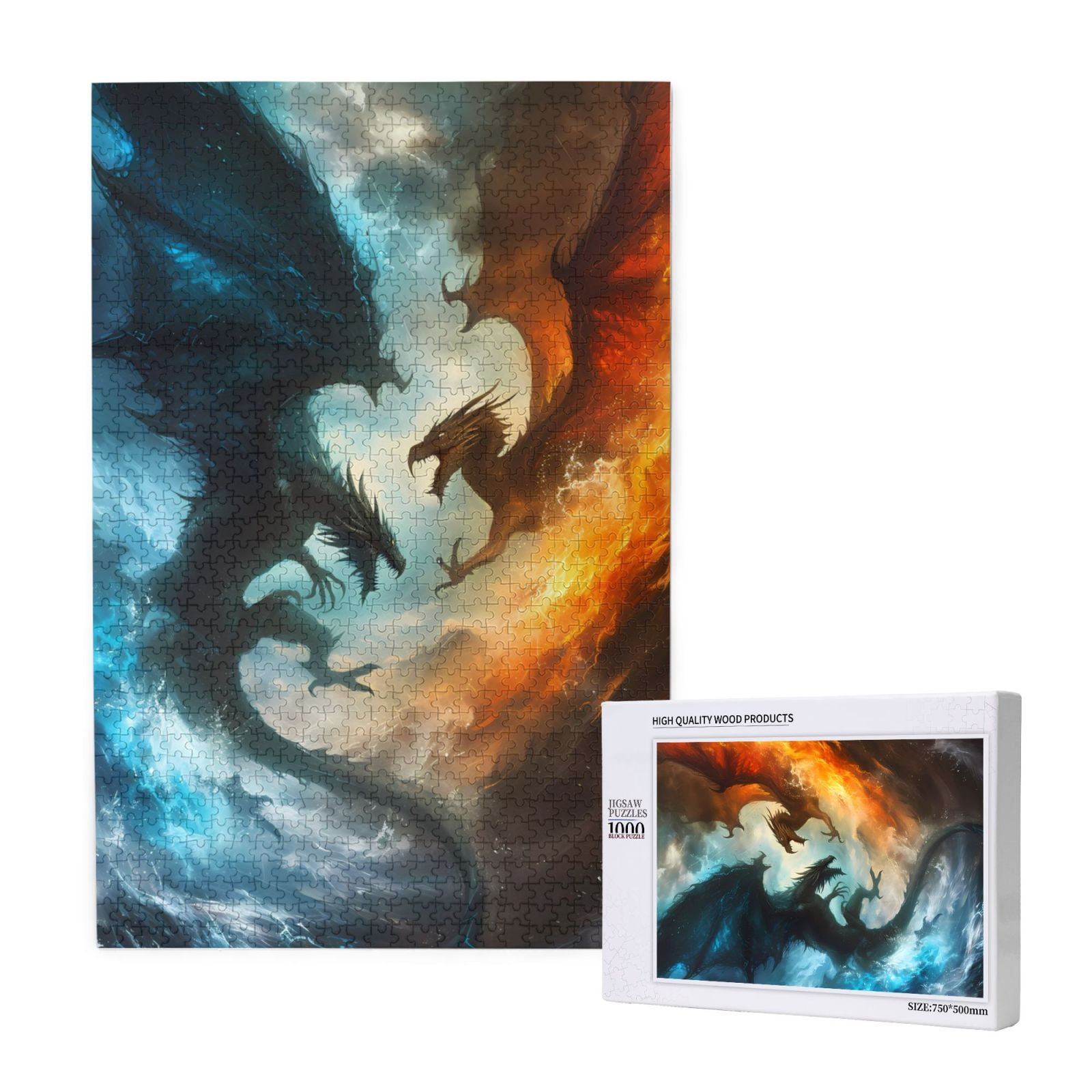 Qokaie Red And Blue Flame Wave Dragon Pattern Picture Puzzle,Wooden ...
