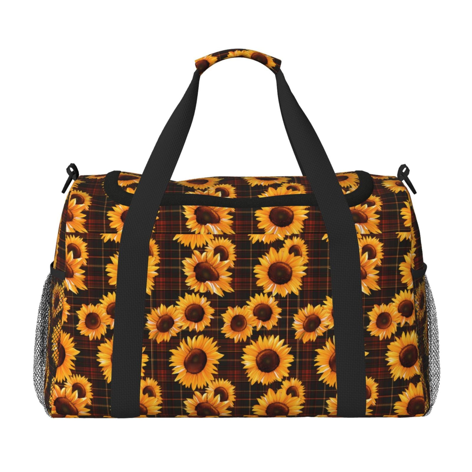 Qokaie Red Black Plaid Sunflower Pattern Large Women Travel Duffle Bag - Carry on Overnight Bag ...