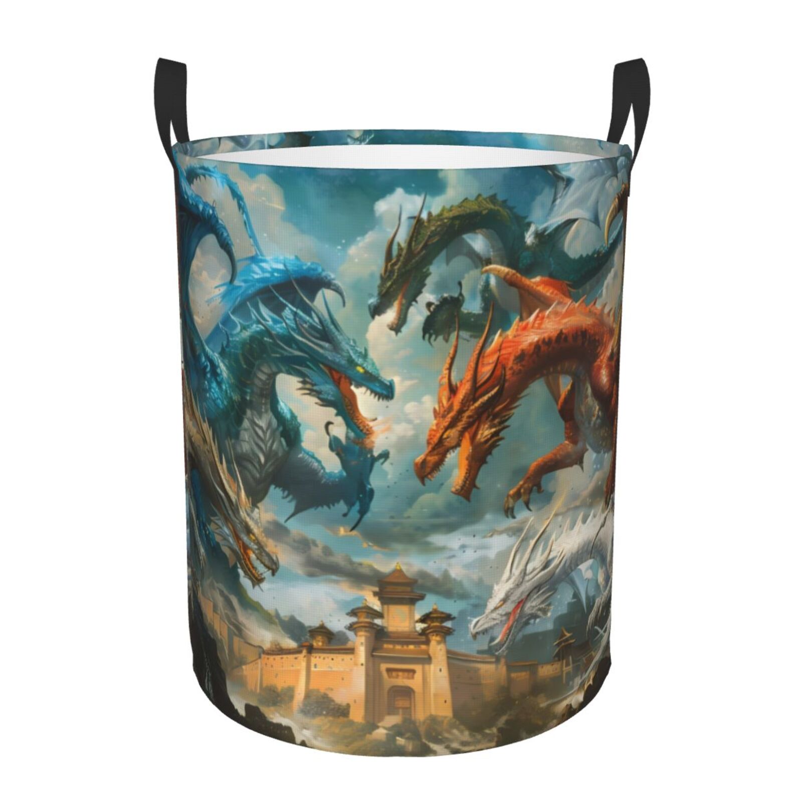 Qokaie Red Blue Dragon Battle Epic Print Round Large Laundry Hamper ...