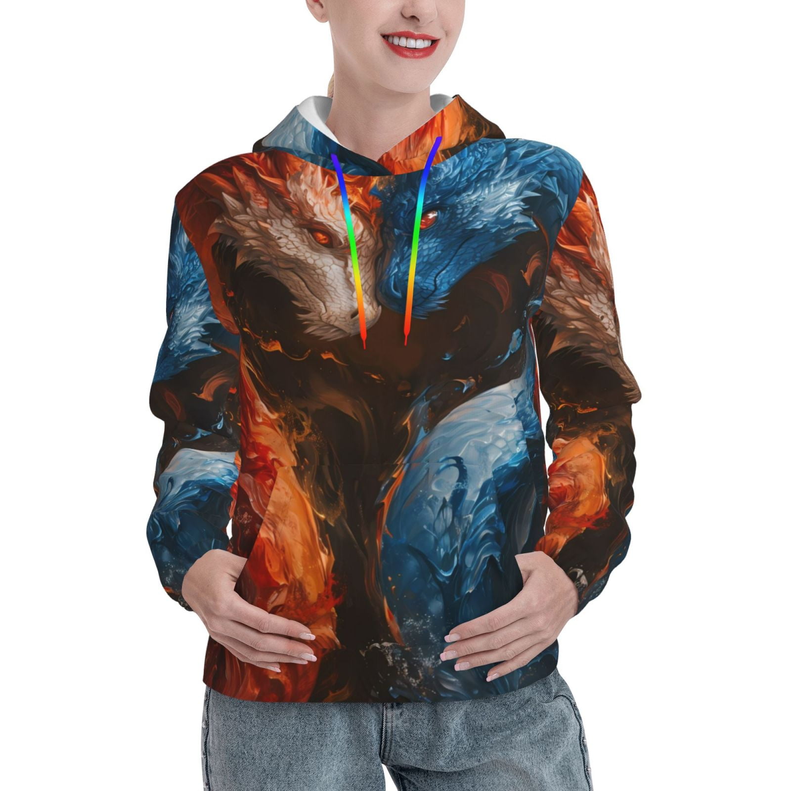 Qokaie Red And Blue Fire Dragon F for Men's Fashion Hoodies ...