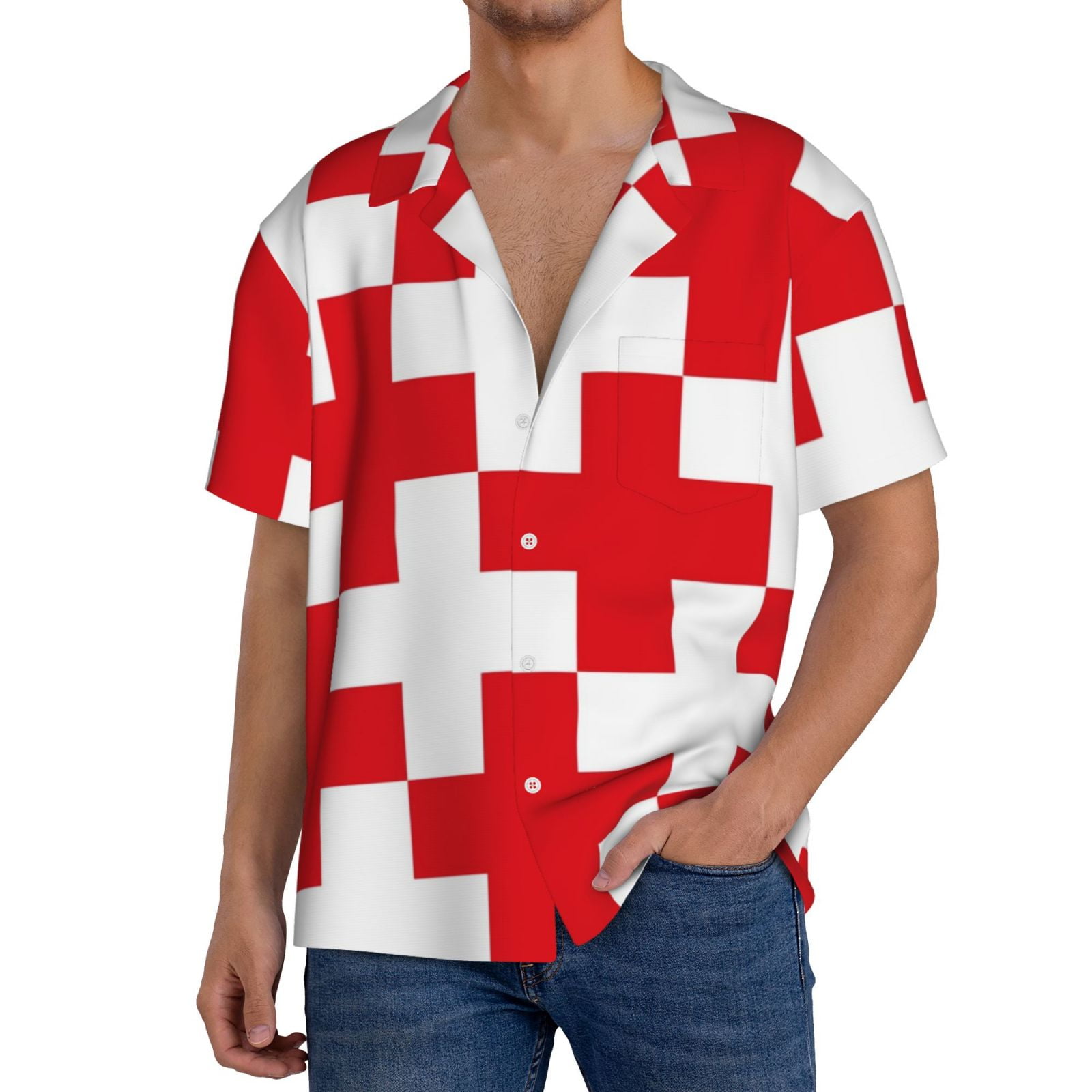 Qokaie Red Cross 1 Print Mens Casual Wrinkle Free Shirts Short Sleeve ...