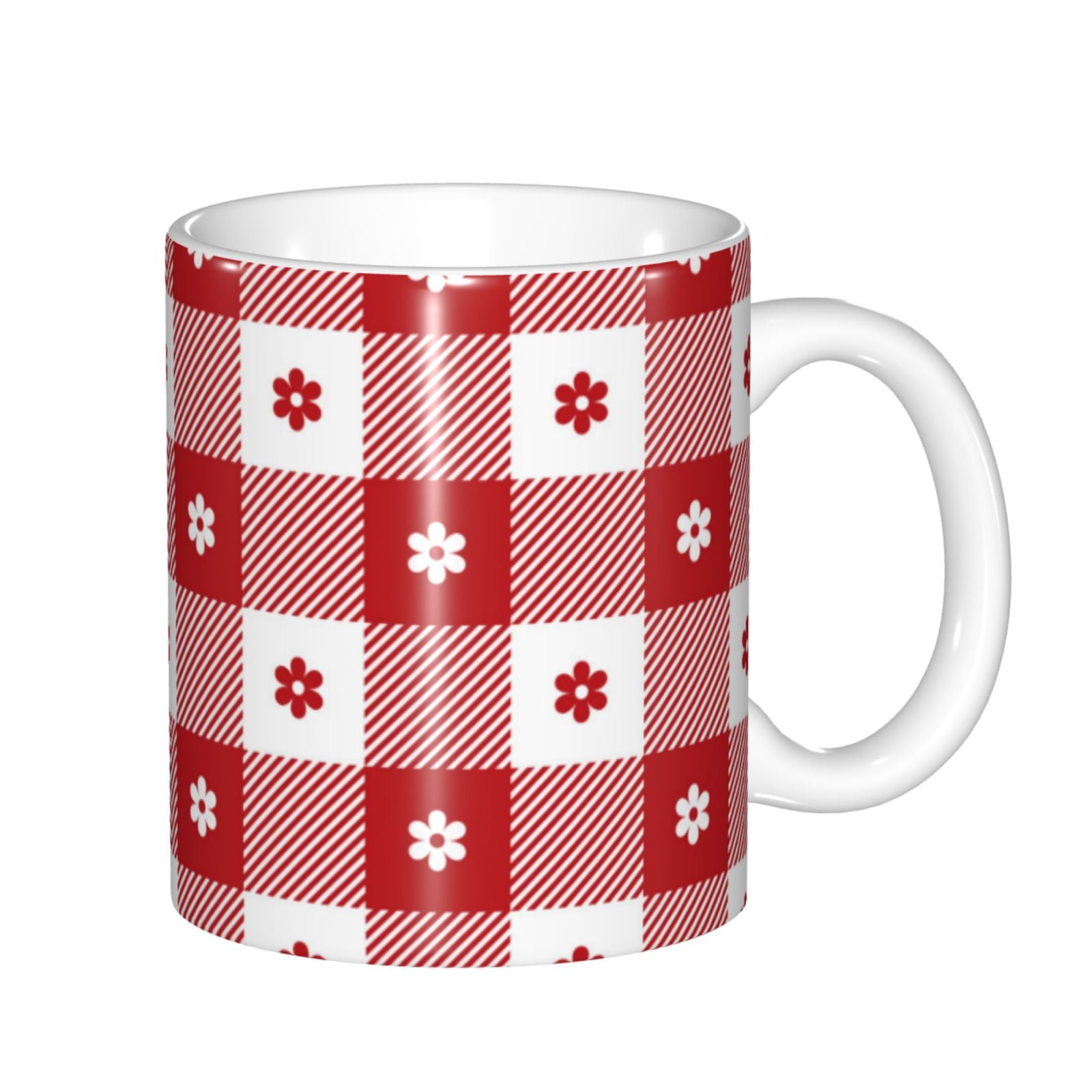 Qokaie Red Plaid Daisy Pattern Premium Ceramic Coffee Mugs with Handle ...