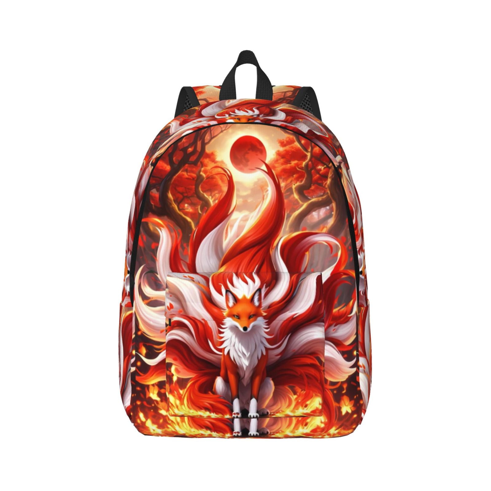 Qokaie Red Sun Flame Fox Pattern Canvas Backpack Travel Daypack Student ...