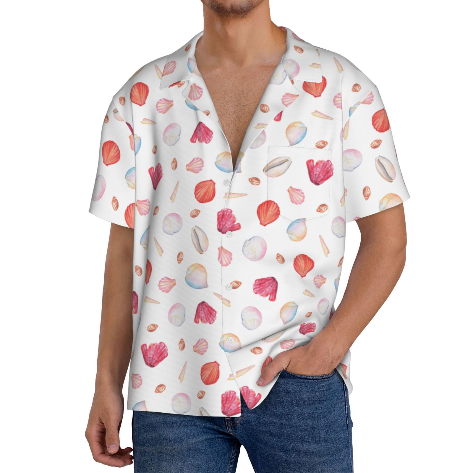 Qokaie Red coral and scallop seashell Men's Shirts Casual Short Sleeve ...