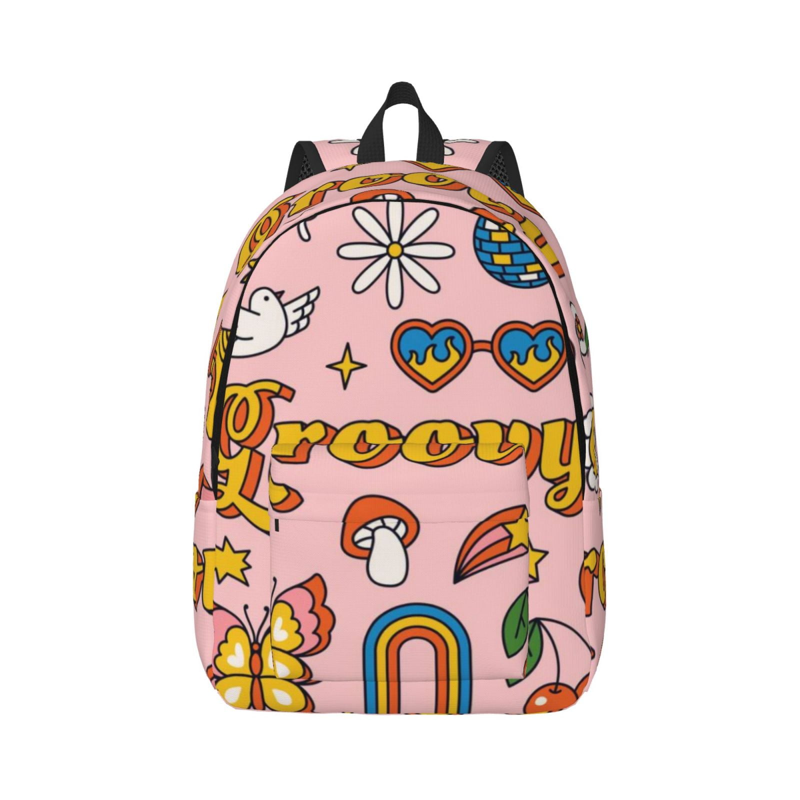 Qokaie Retro 70s Hippie Pattern Canvas Backpack Travel Daypack Student ...