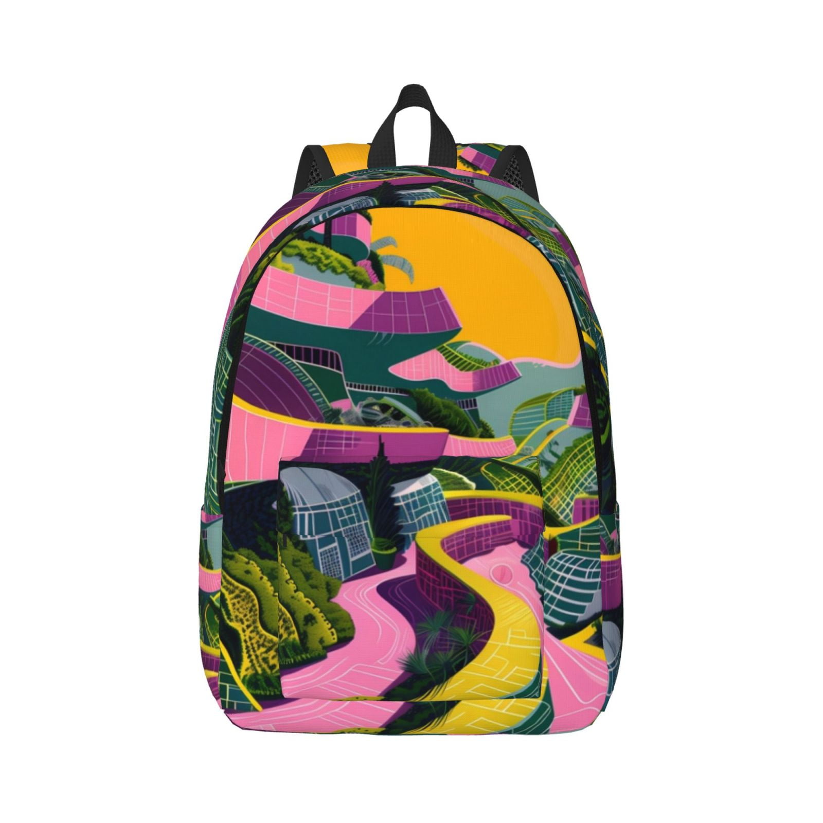 Qokaie Retro Futuristic Landscape Pattern Canvas Backpack Travel ...