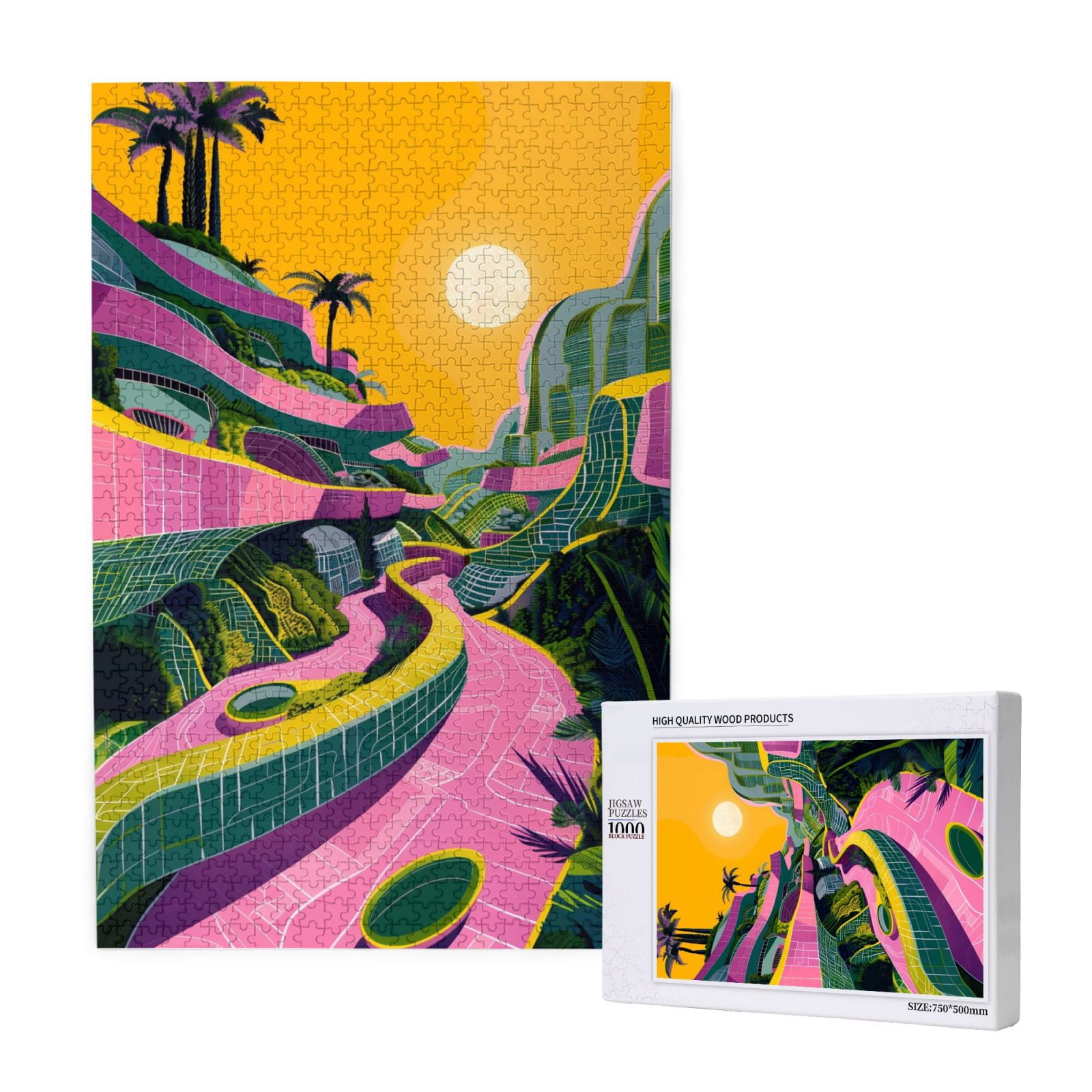 Qokaie Retro Futuristic Landscape Pattern Picture Puzzle,Wooden 1000 ...
