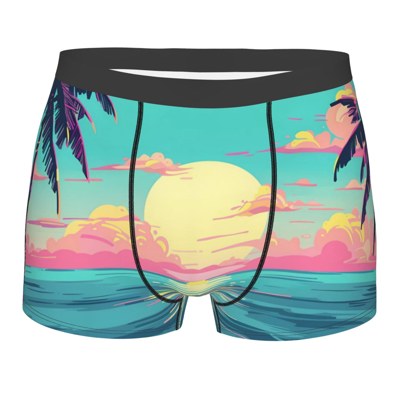 Qokaie Retro Palm Beach Sunset Print Mens Underwear Microfiber Boxer ...
