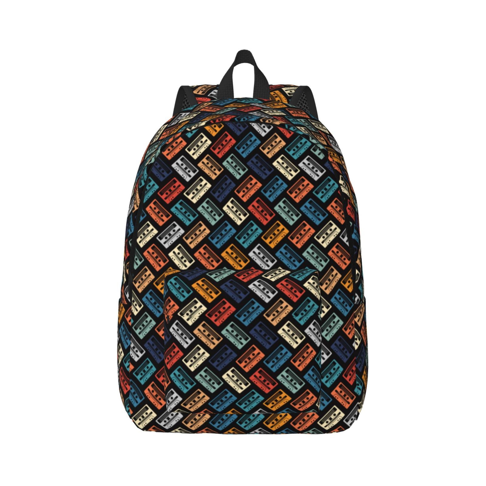 Qokaie Retro Tape Pattern Canvas Backpack Travel Daypack Student ...
